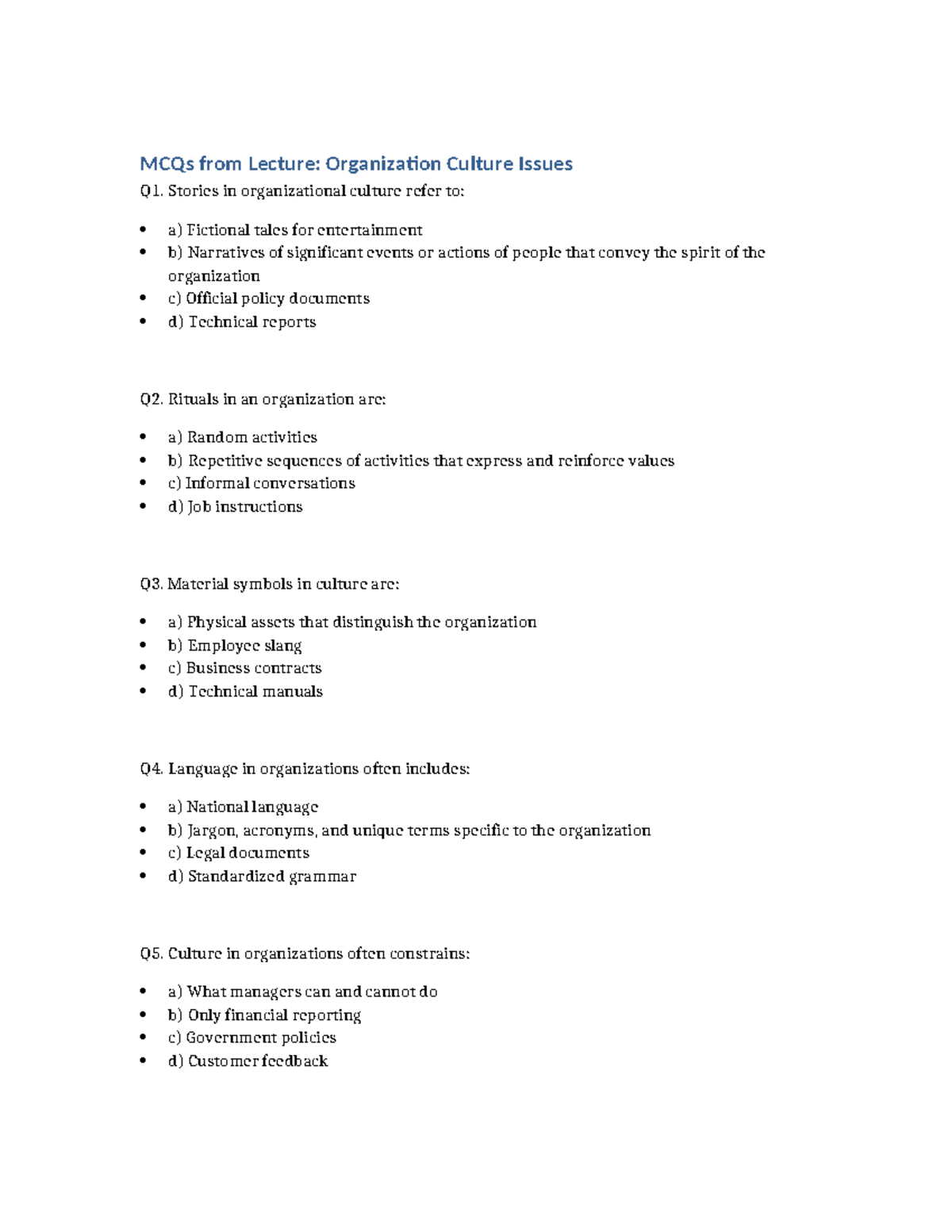 MCQs on Organizational Culture Issues: Lecture Notes - Studocu