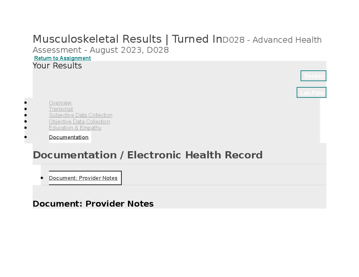 Musculoskeletal Documentation EHR for Tina Jones - Aug 2023 (D028 ...