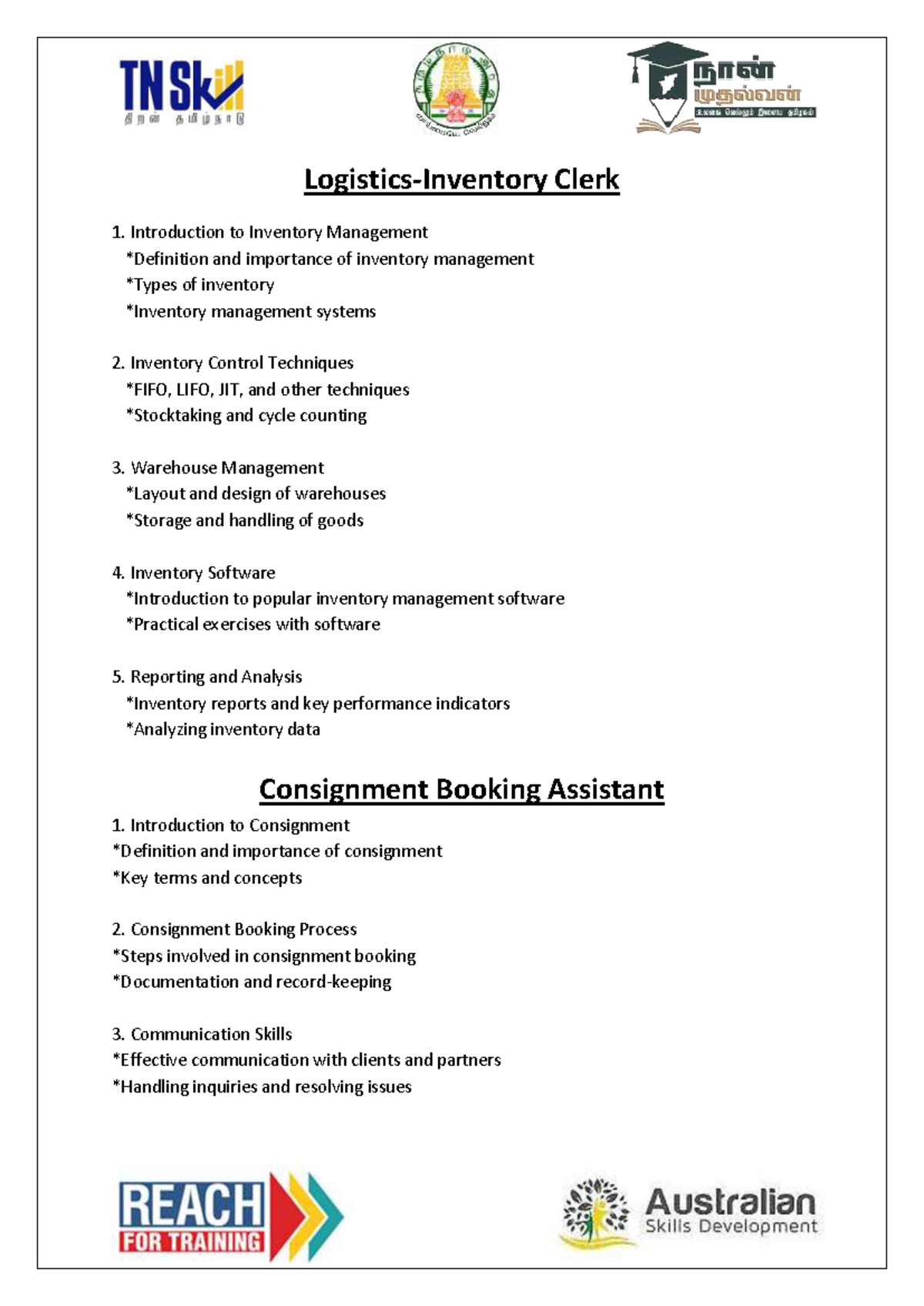 Curriculum-1 - SYLLABUS - Logistics-Inventory Clerk Introduction to ...
