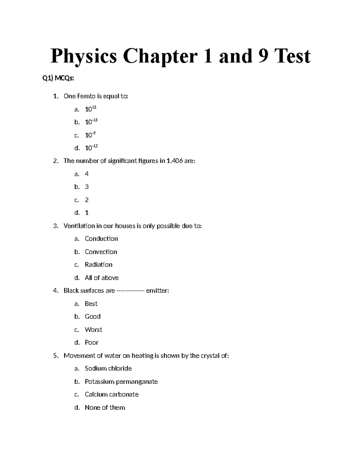 Physics Chapter 1 and 9 Test - Physics Chapter 1 and 9 Test Q1) MCQs: 1 ...