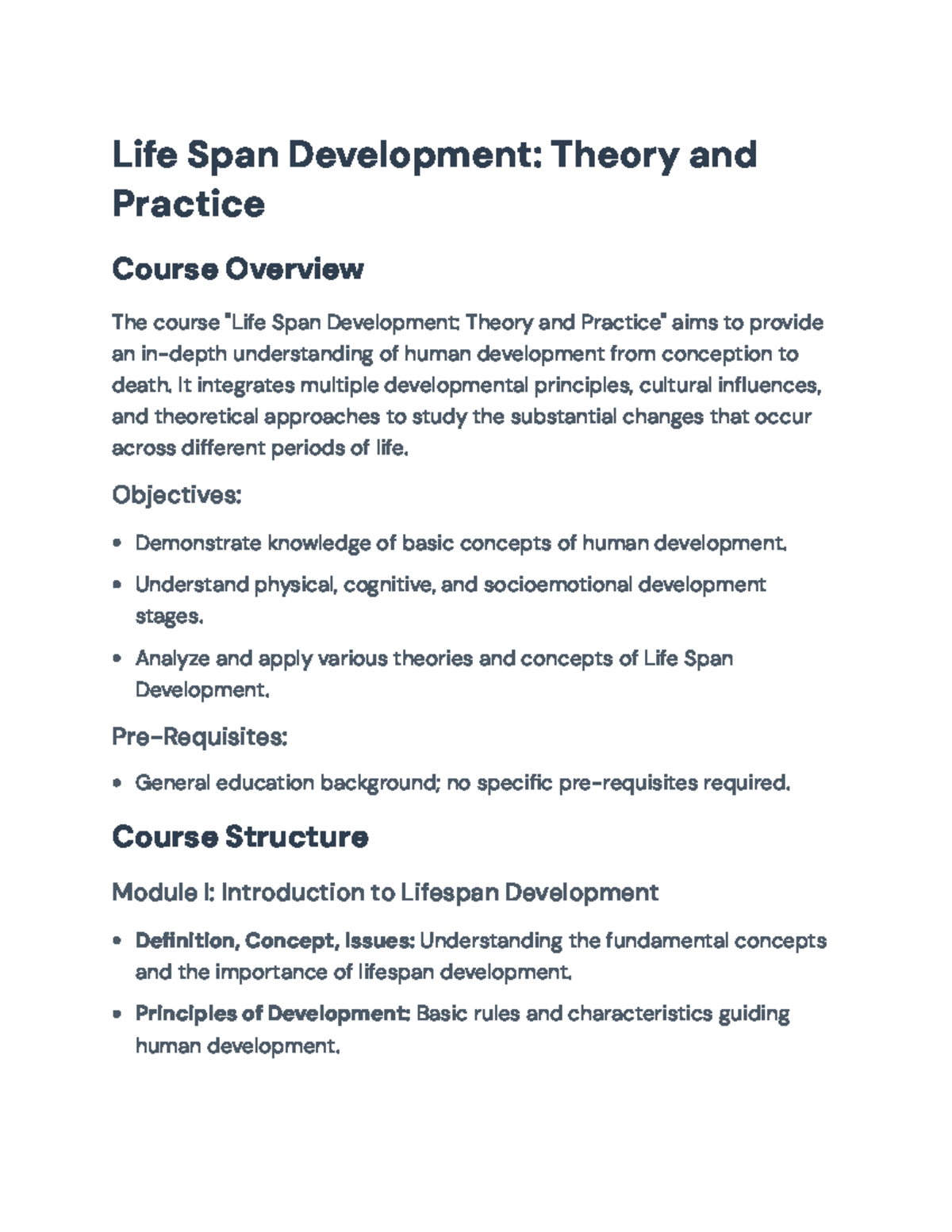 Life Span Development: Theory and Practice Course Overview - Life Span ...