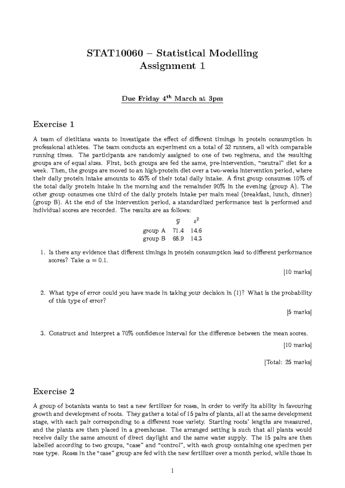 Stat10060 H1 - assignment - STAT10060 Ű Statistical Modelling ...