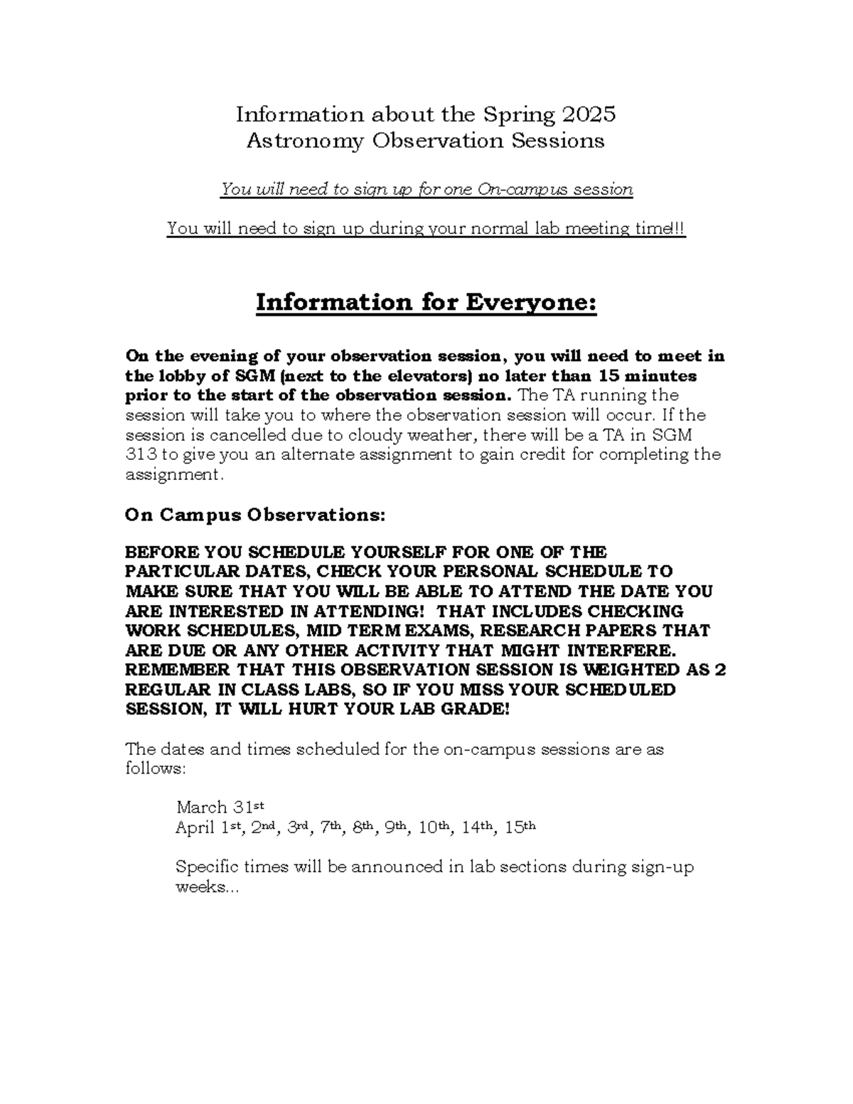 Astronomy Observation Sessions Info - Spring 2025 - Studocu