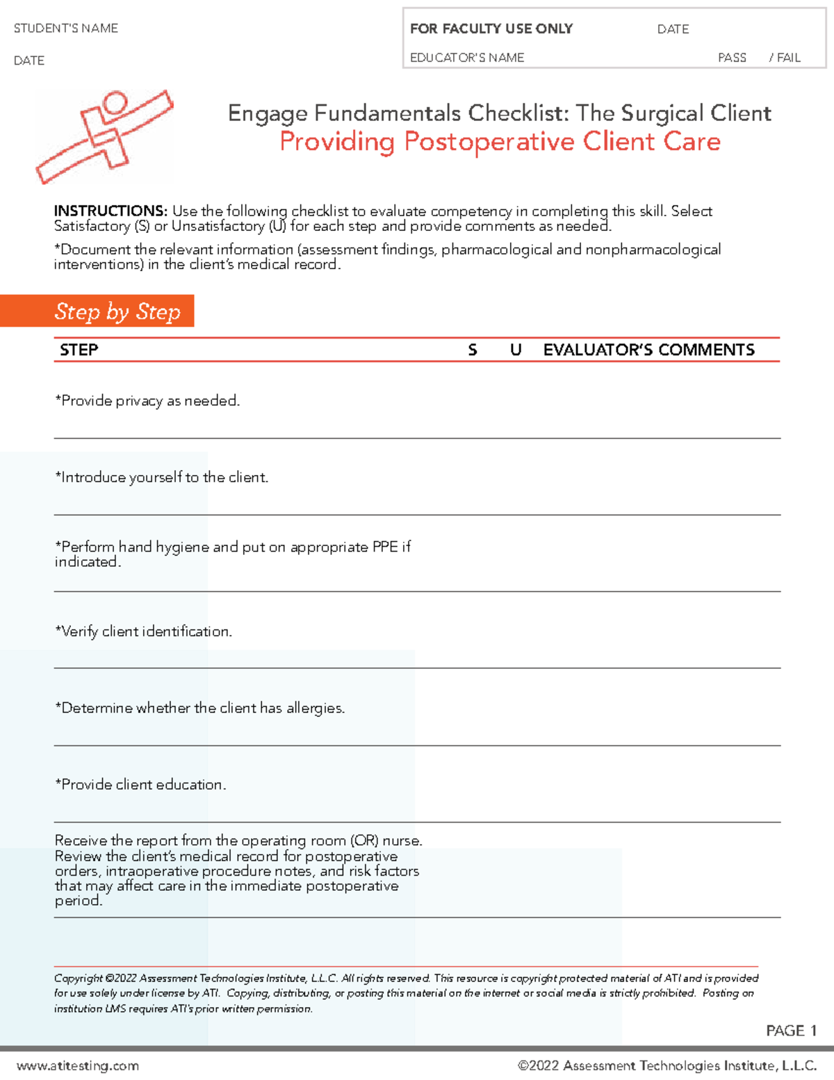 Skills Checklist for Postoperative Care in Surgery - Studocu