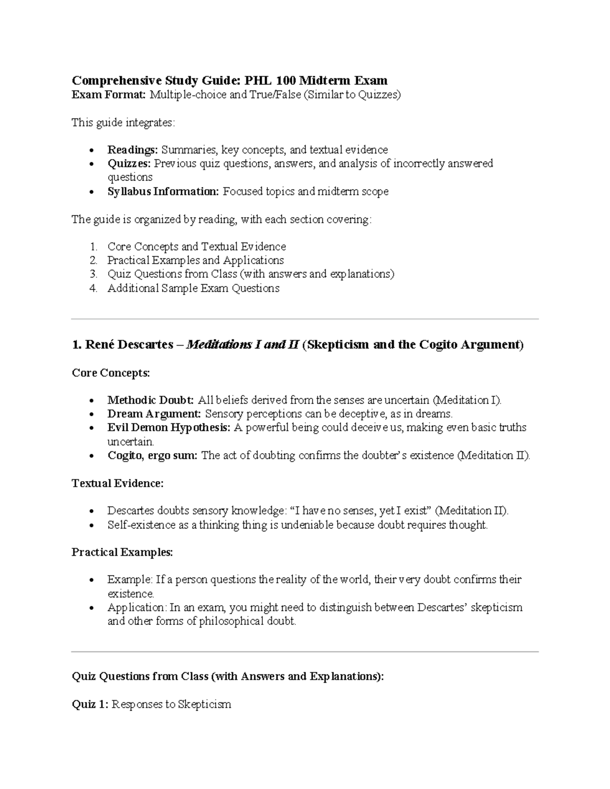 PHL 100 Comprehensive Midterm Study Guide: Key Concepts & Exam Format - Studocu