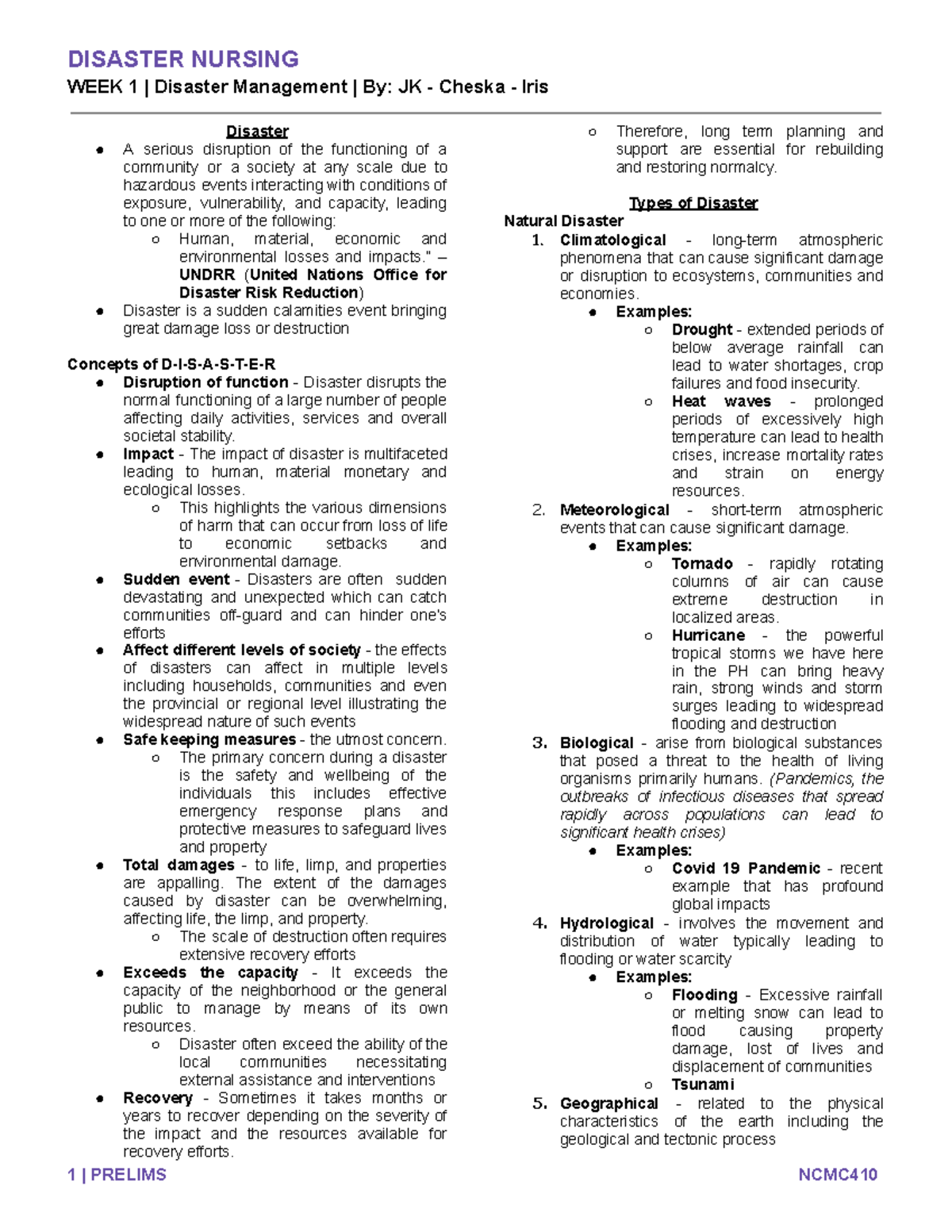 NCMC410 - WEEK 1-2 - Comprehensive Disaster Nursing Notes - Studocu