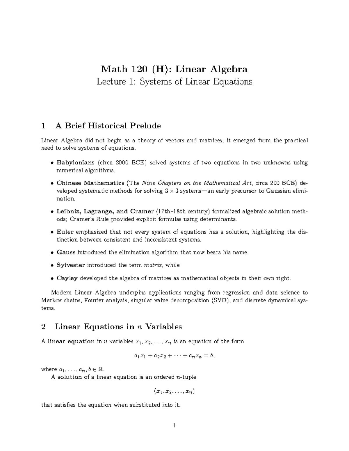 Math 120 (H): Linear Algebra Lecture 1 - Systems of Linear Equations ...