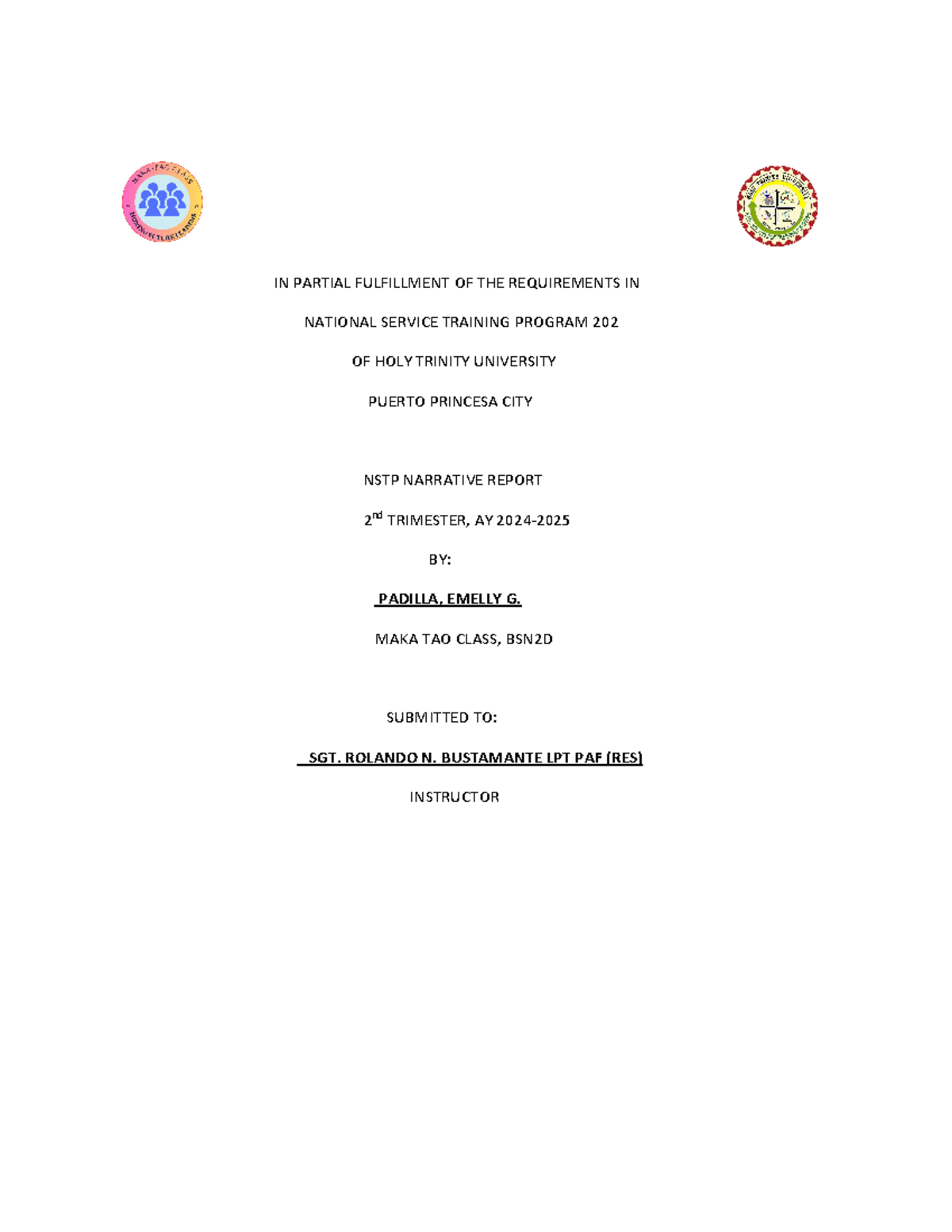 NSTP. Narrative Report Padilla - IN PARTIAL FULFILLMENT OF THE ...