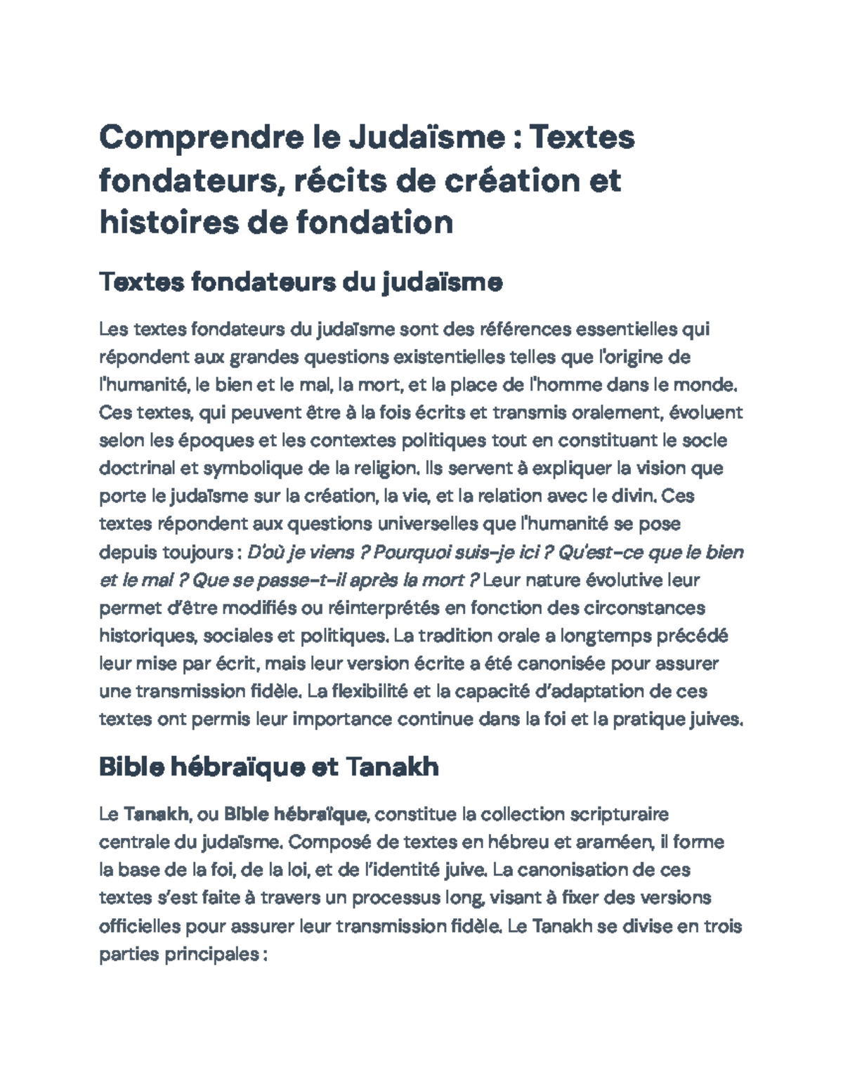 Comprendre le Judaïsme : Textes Fondateurs et Récits de Création - Studocu