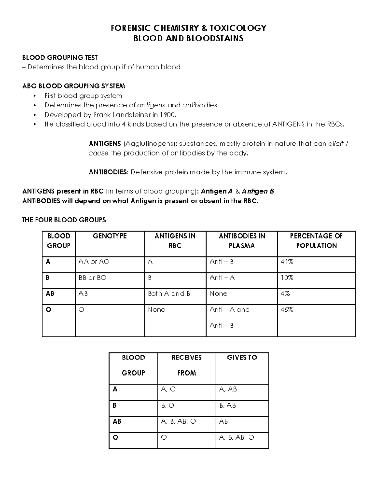 Forensic Chemistry & Toxicology: Blood Grouping System Overview - Studocu