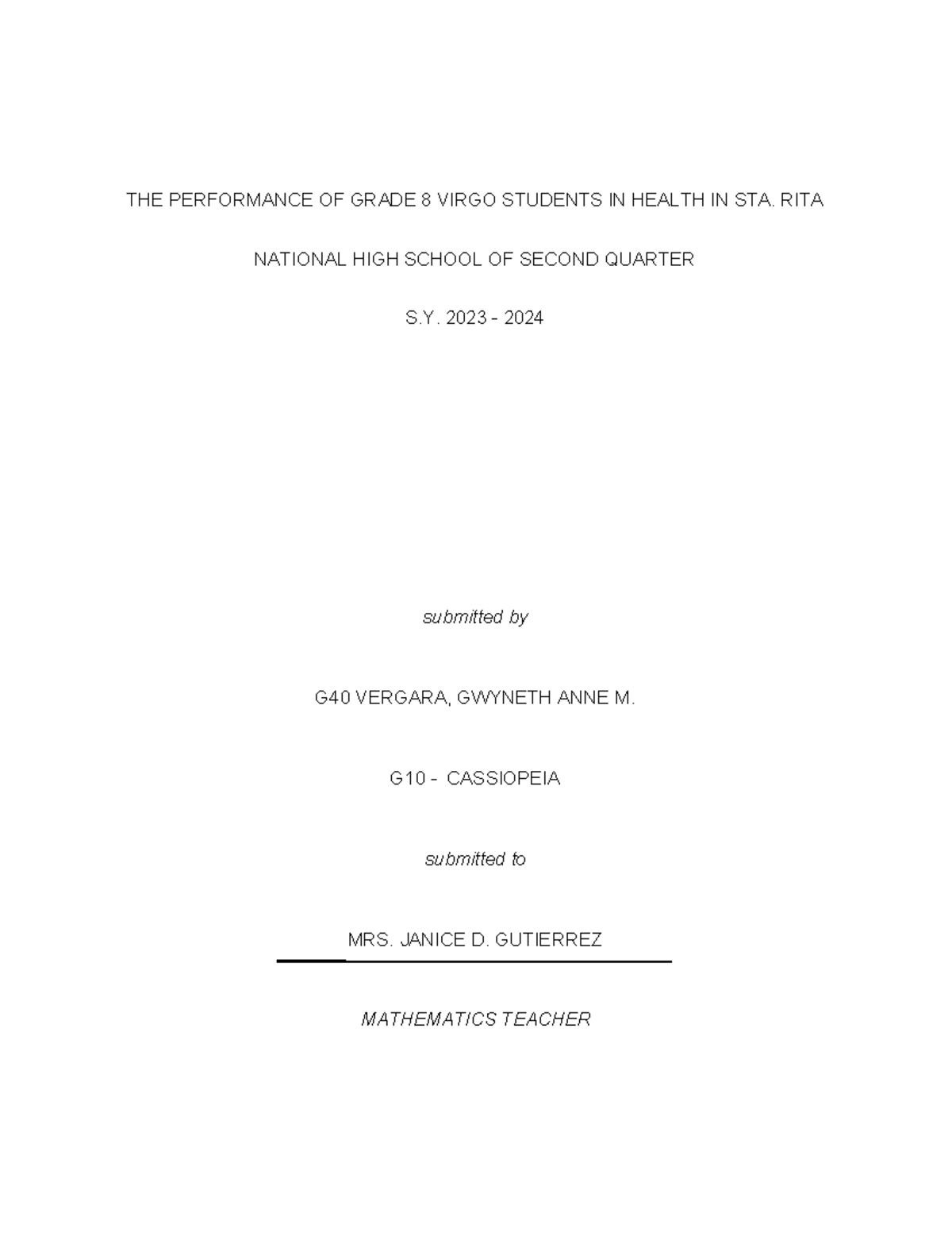 MATH final research - THE PERFORMANCE OF GRADE 8 VIRGO STUDENTS IN ...