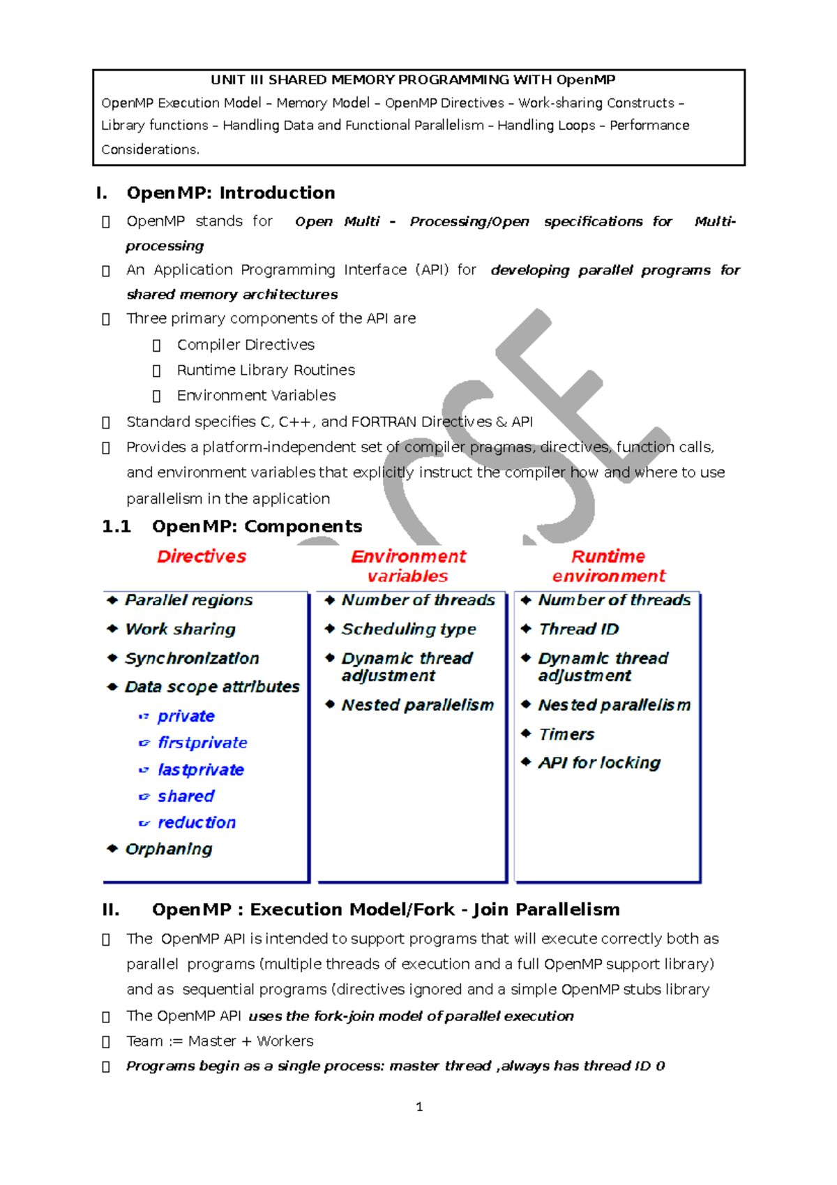 Unit-III - mcap - UNIT III SHARED MEMORY PROGRAMMING WITH OpenMP OpenMP Execution Model – Memory ...