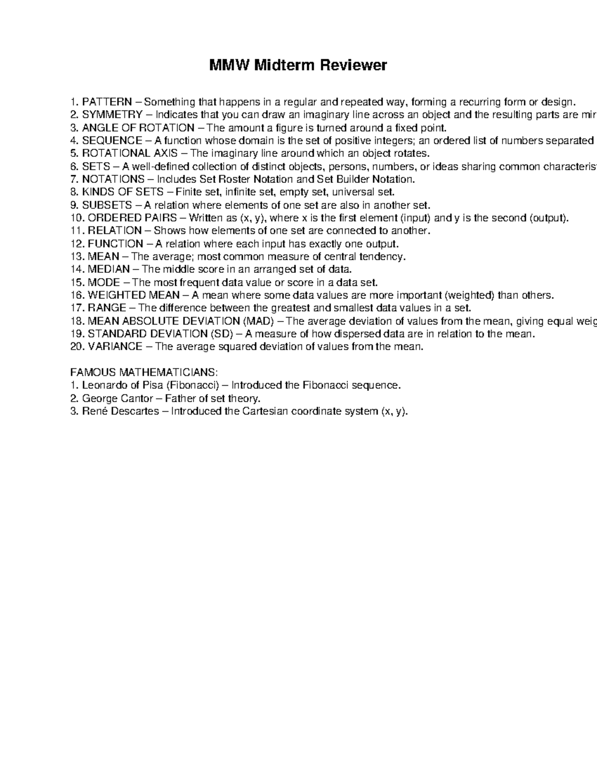 MMW Midterm Reviewer: Patterns, Sets, and Functions Explained - Studocu
