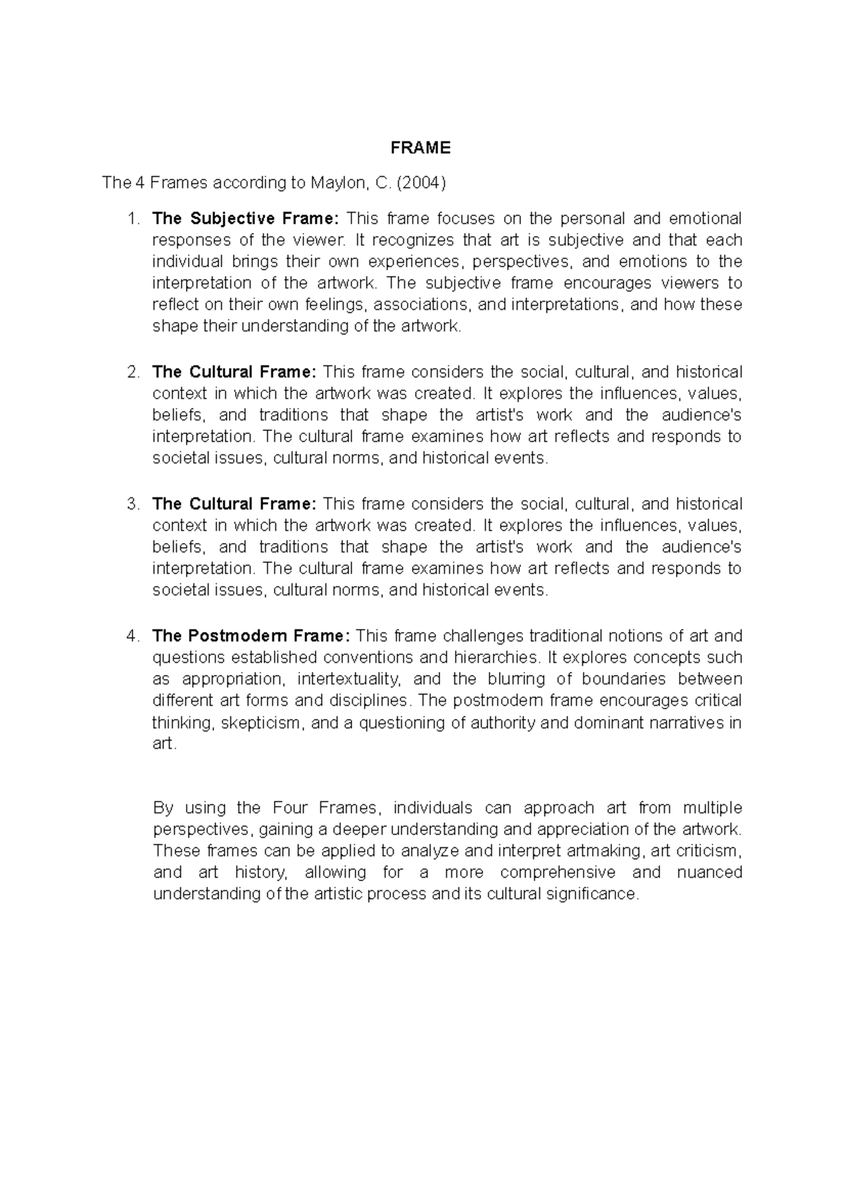 ART101: Understanding the 4 Frames in Art Analysis and Critique - Studocu
