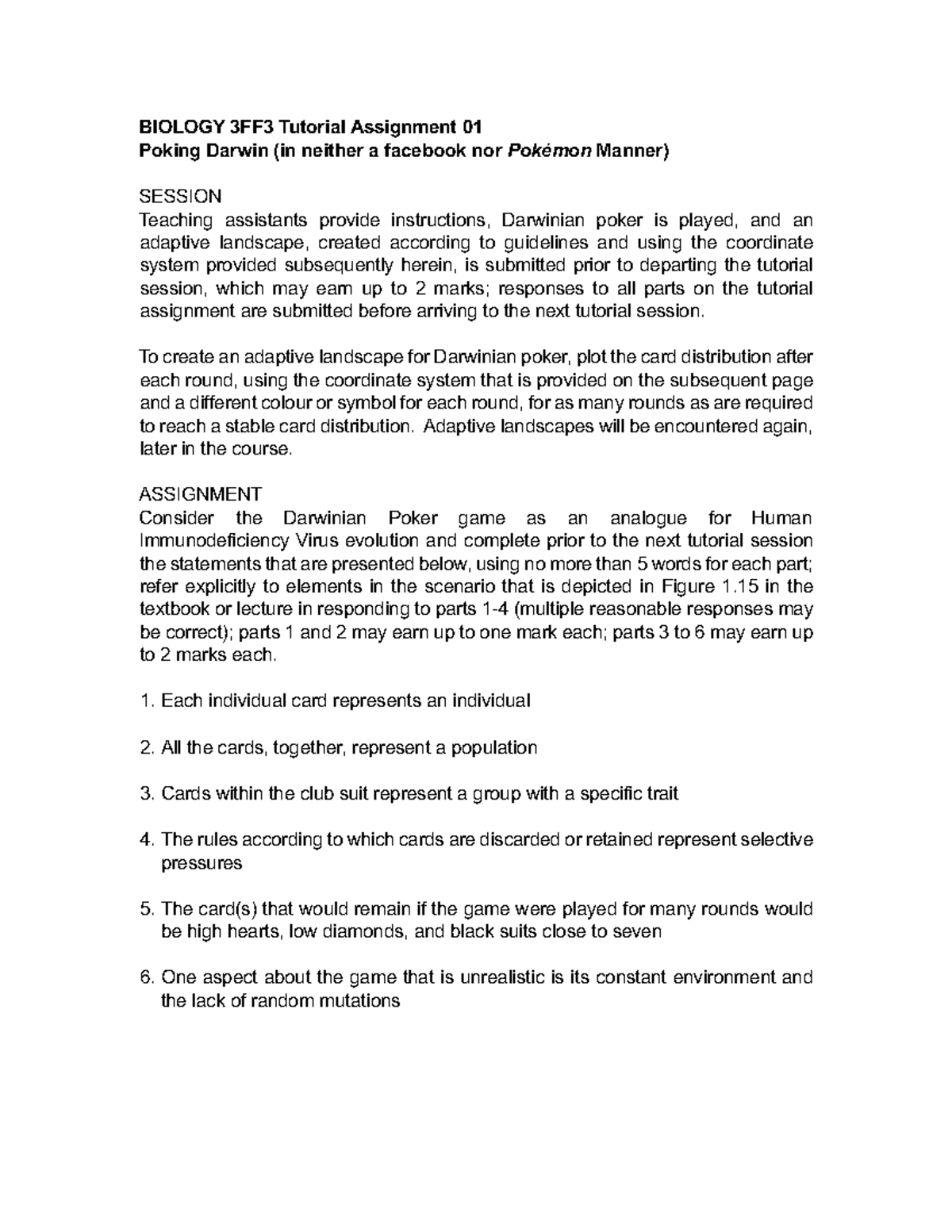 BIOLOGY 3FF3 Tutorial Assignment 01: Darwinian Poker Analysis - Studocu