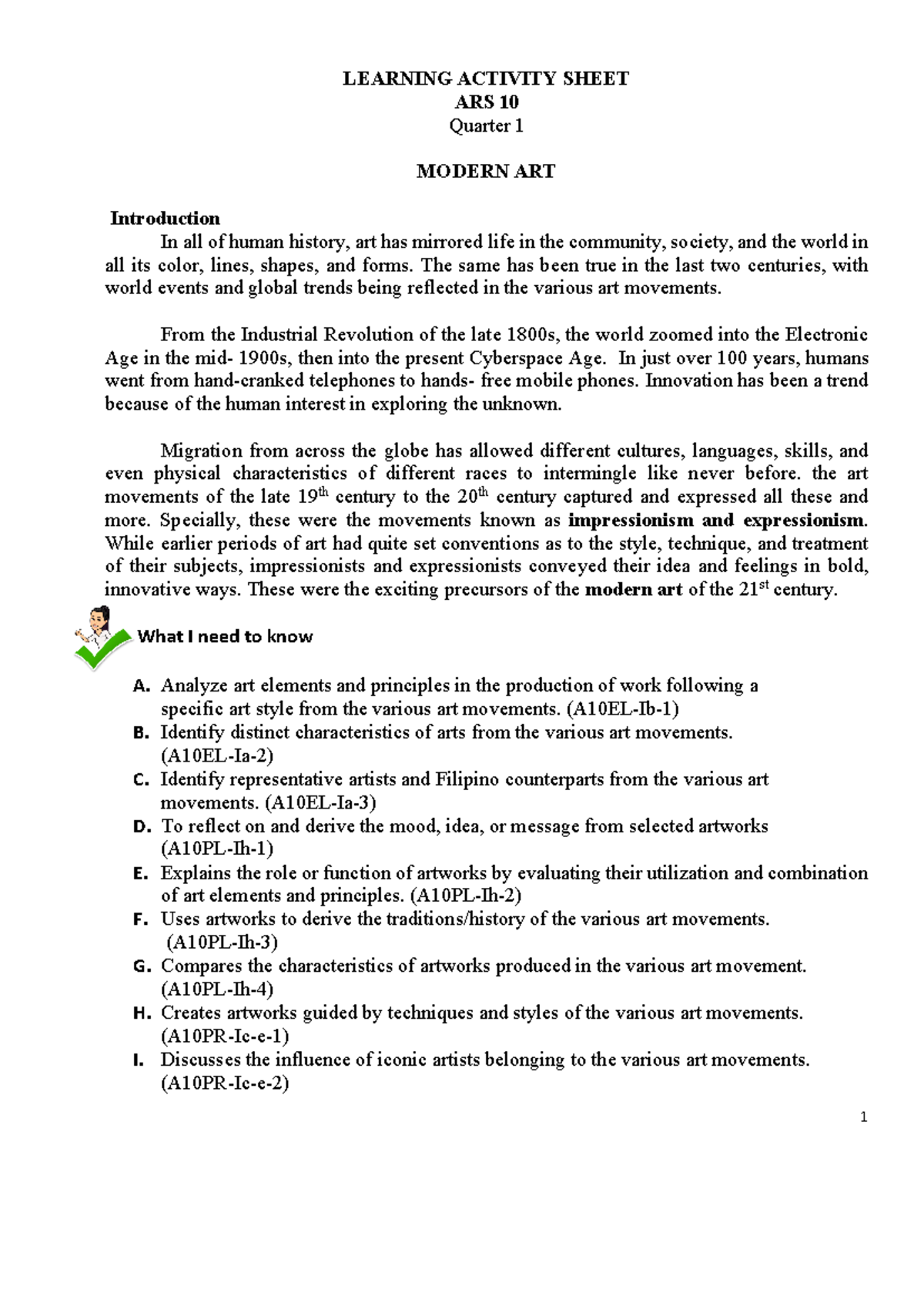 1Q ARTS LAS G10 - Learning Activity Sheet on Modern Art Movements - Studocu