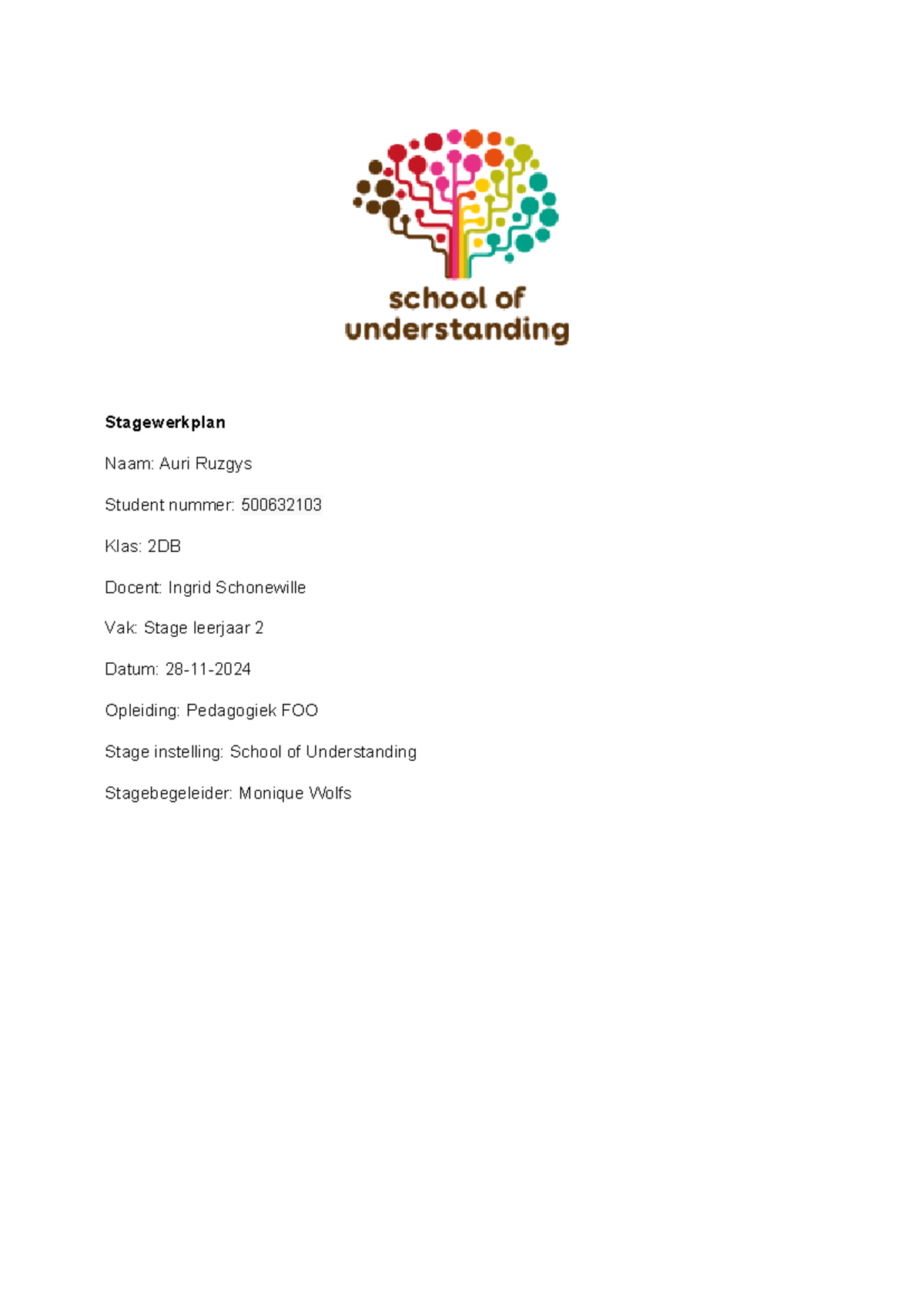 Stage Werkplan 2.1 - Pedagogiek FOO Klas 2DB bij School of ...