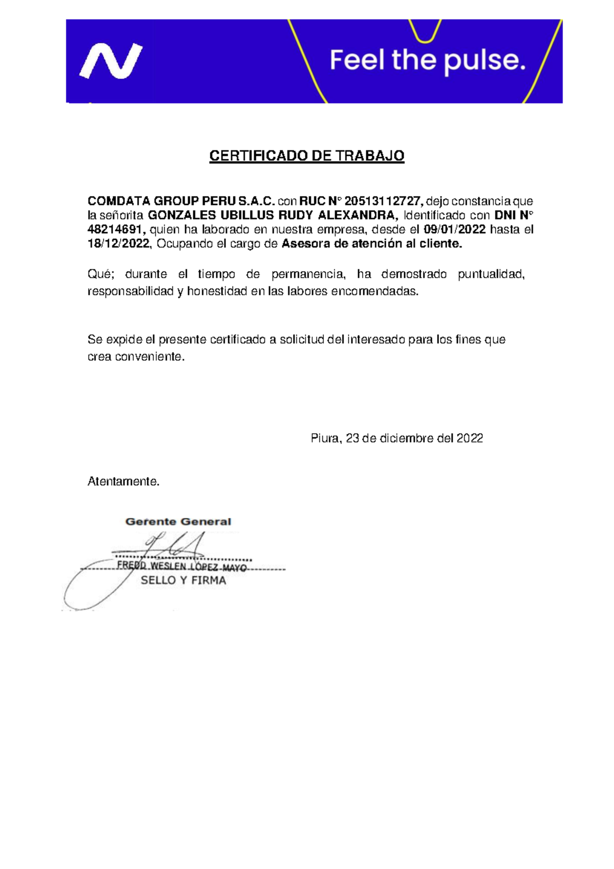 Certificado Trabajo RUDY - CERTIFICADO DE TRABAJO COMDATA GROUP PERU S.A. con RUC N° 20513112727 ...