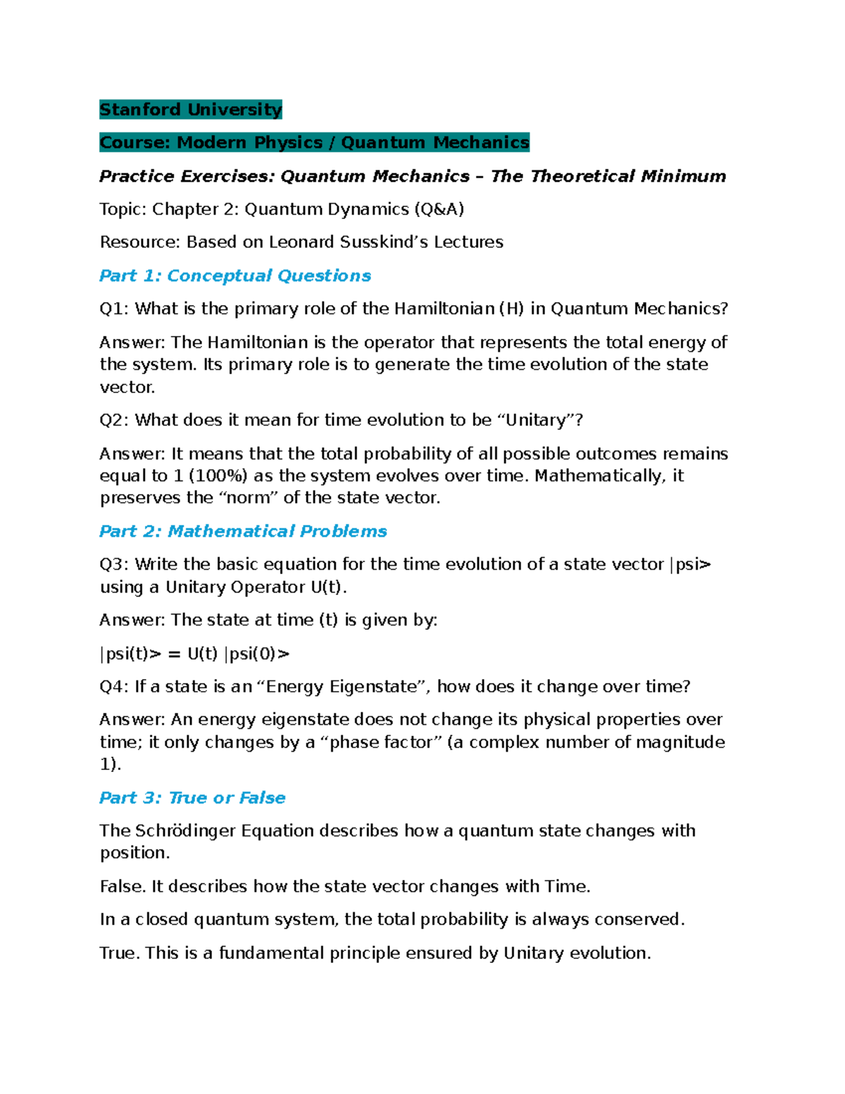 Stanford University: Modern Physics QM Chapter 2 Practice Exercises ...