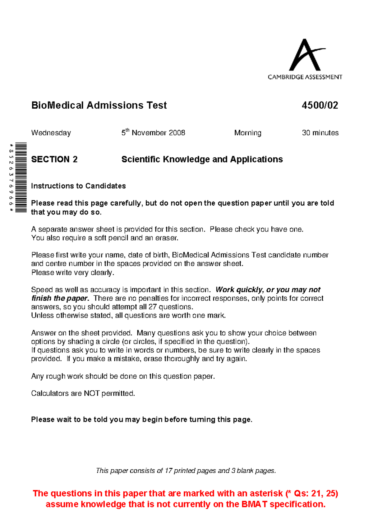 BMAT 2008 Section 2 Question Paper - BioMedical Admissions Test 4500 ...