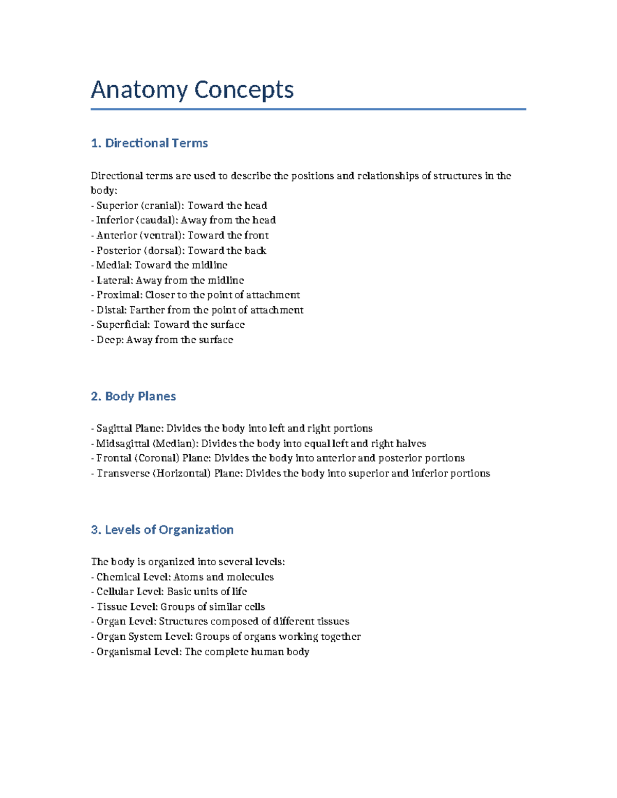 Anatomy Concepts 1: Directional Terms & Body Planes Review - Studocu
