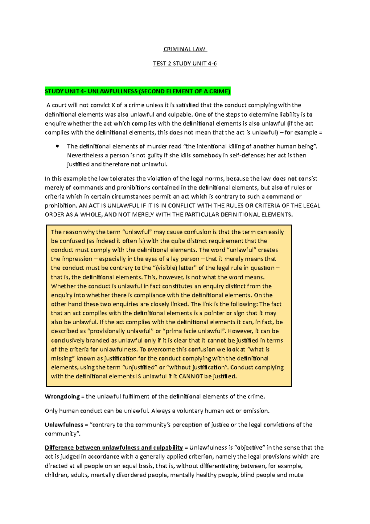 study unit 4 and 5 - CRIMINAL LAW TEST 2 STUDY UNIT 4- STUDY UNIT 4 ...