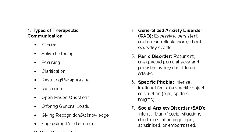 Psychiatric Disorders & Therapeutic Communication Techniques - Studocu