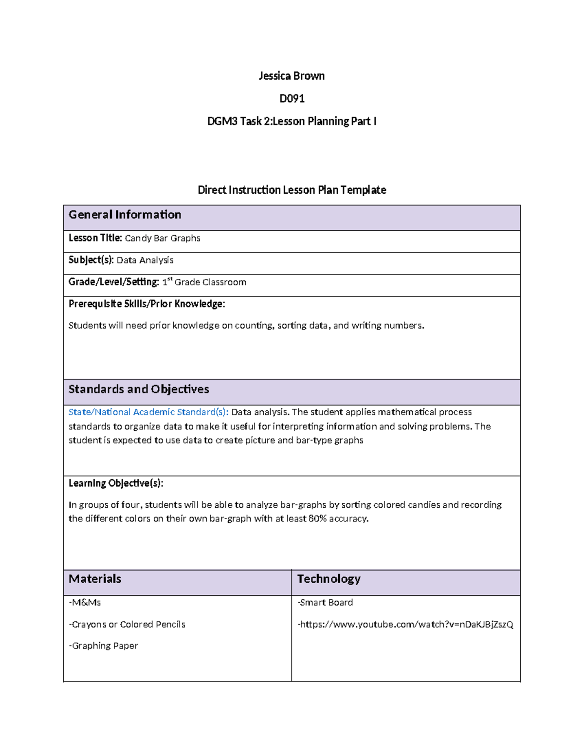 DGM3 Task 2 - Lesson Plan: Analyzing Candy Bar Graphs for 1st Grade ...