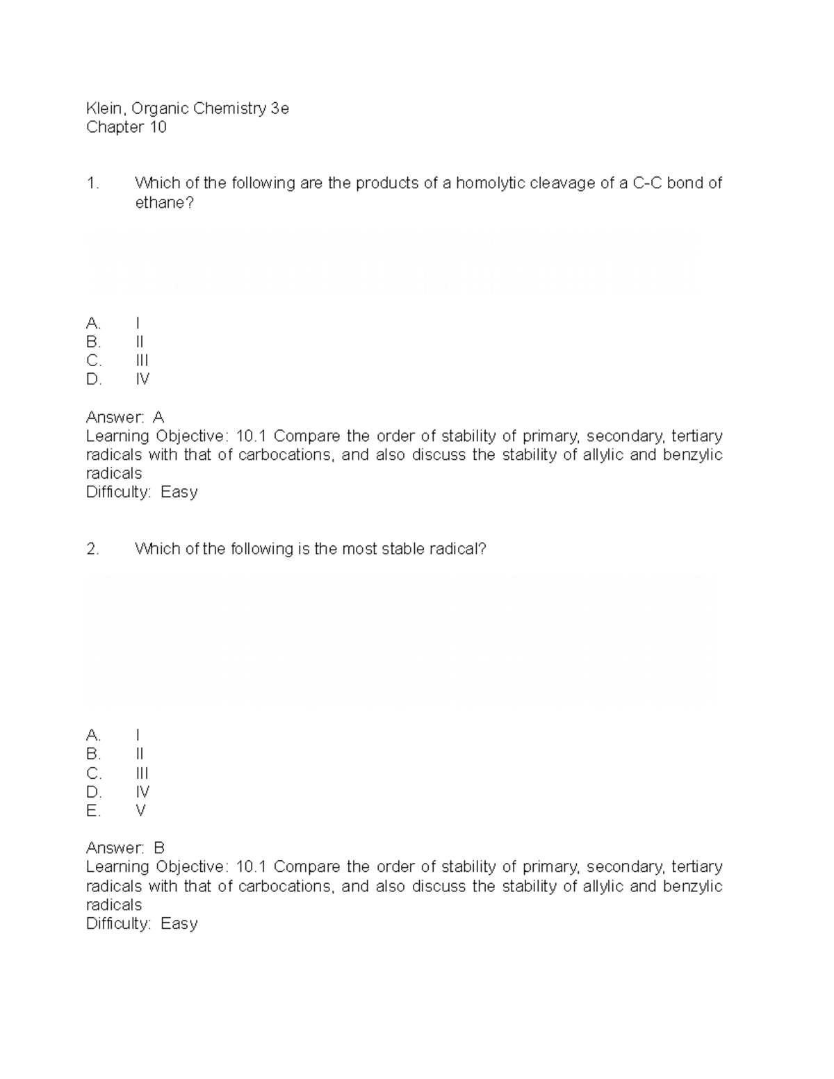 Chapter 10 organic chemistry test bank questions for Klein Orgo 3rd ...