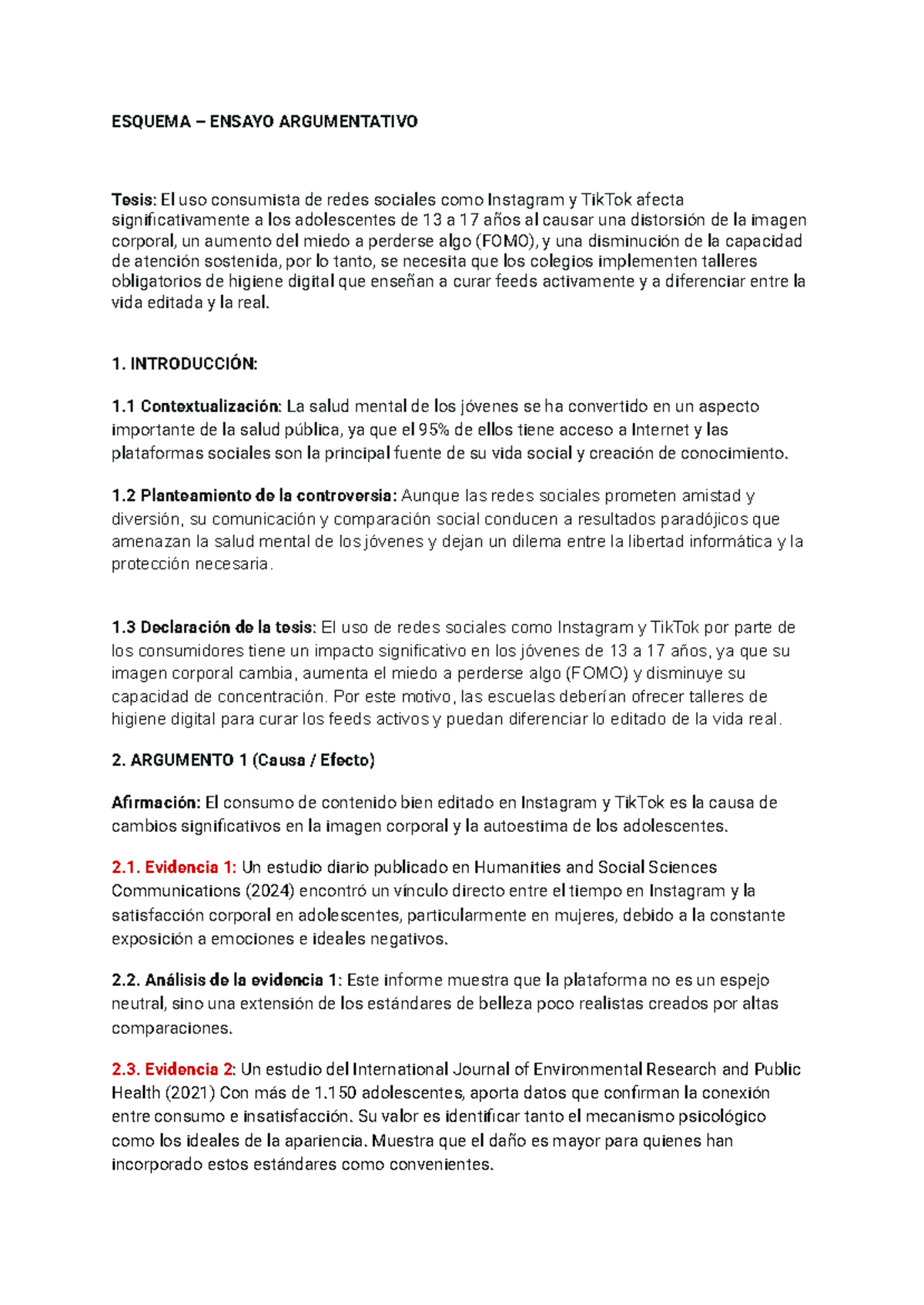 ESQUEMA ENSAYO ARGUMENTATIVO: Impacto de Redes Sociales en Adolescentes ...