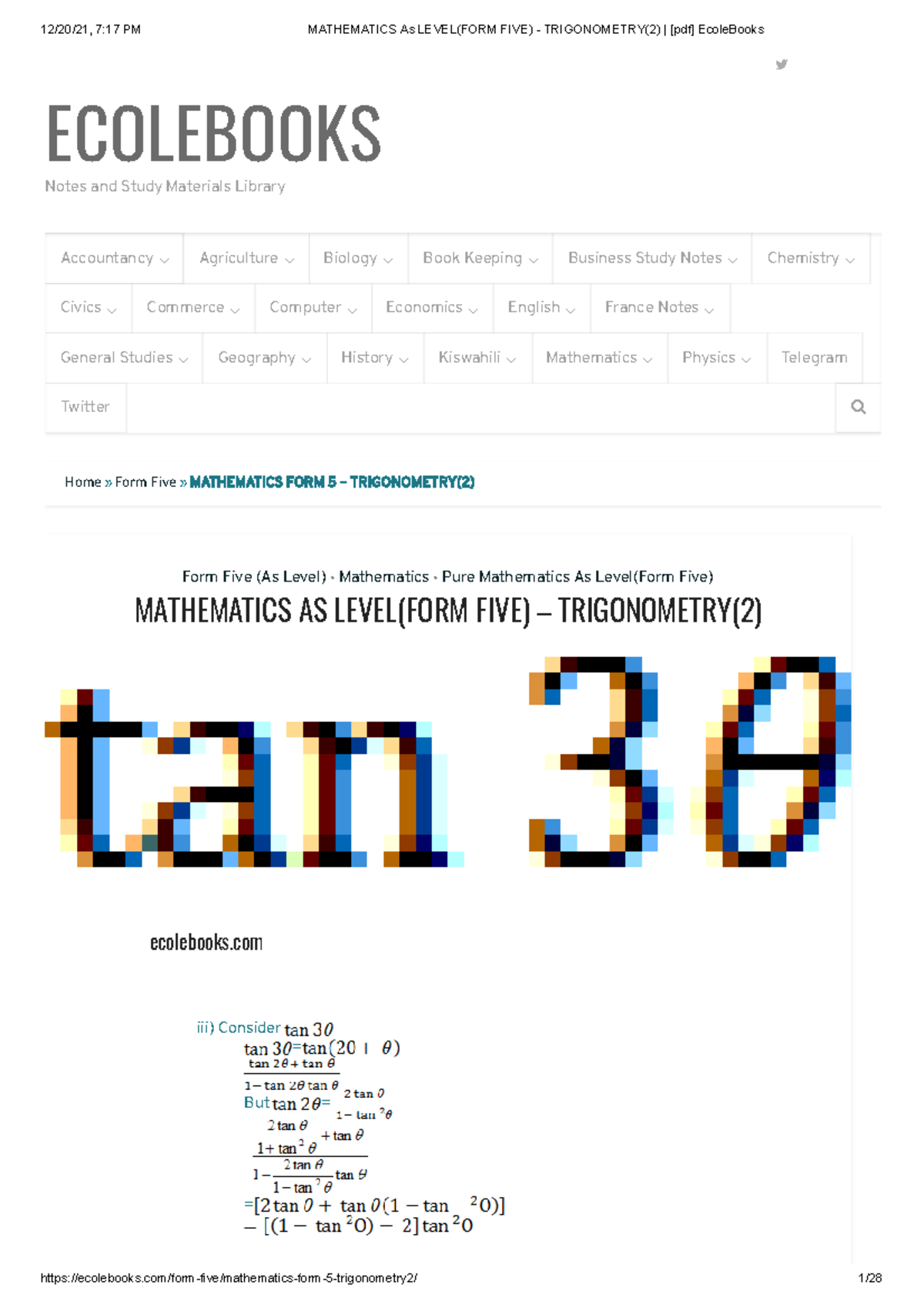 Mathematics As Level (Form 5) – Comprehensive Trigonometry Notes - Studocu