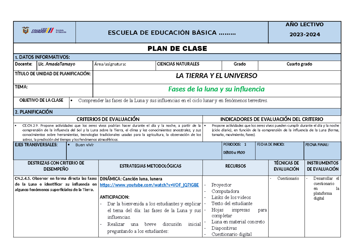 PLAN DE CLASE: Fases de la Luna - Ciencias Naturales 4to Grado - Studocu