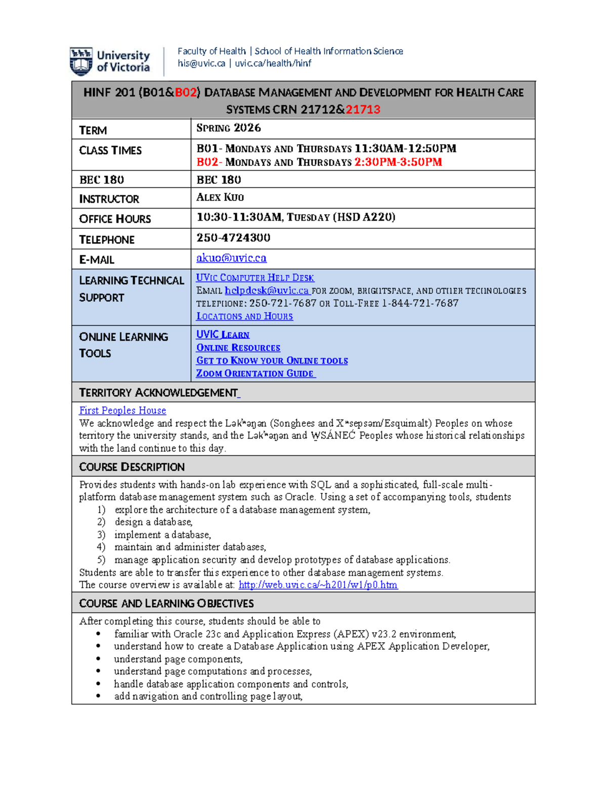 HINF 201 Course Outline: Database Management for Health Care Systems ...