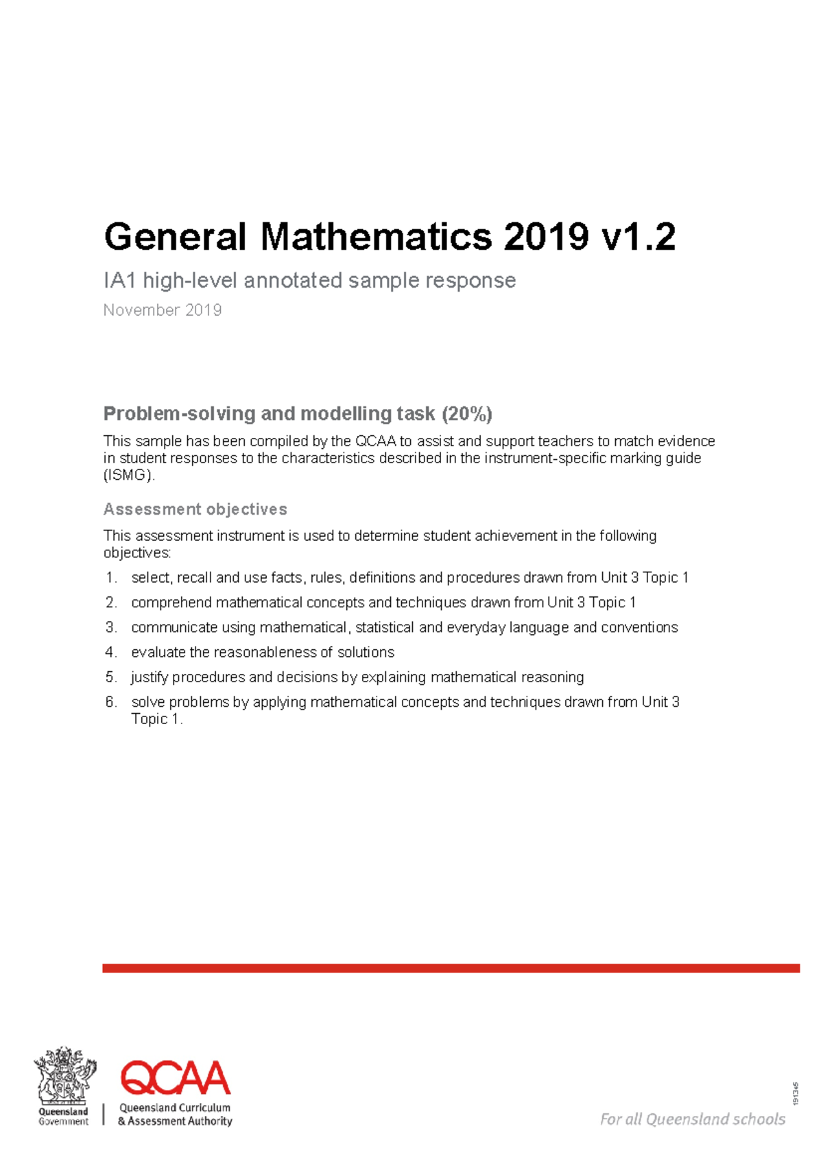 1. QCAA PSMT Exemplar (1) - 191345 General Mathematics 2019 v1. IA1 ...