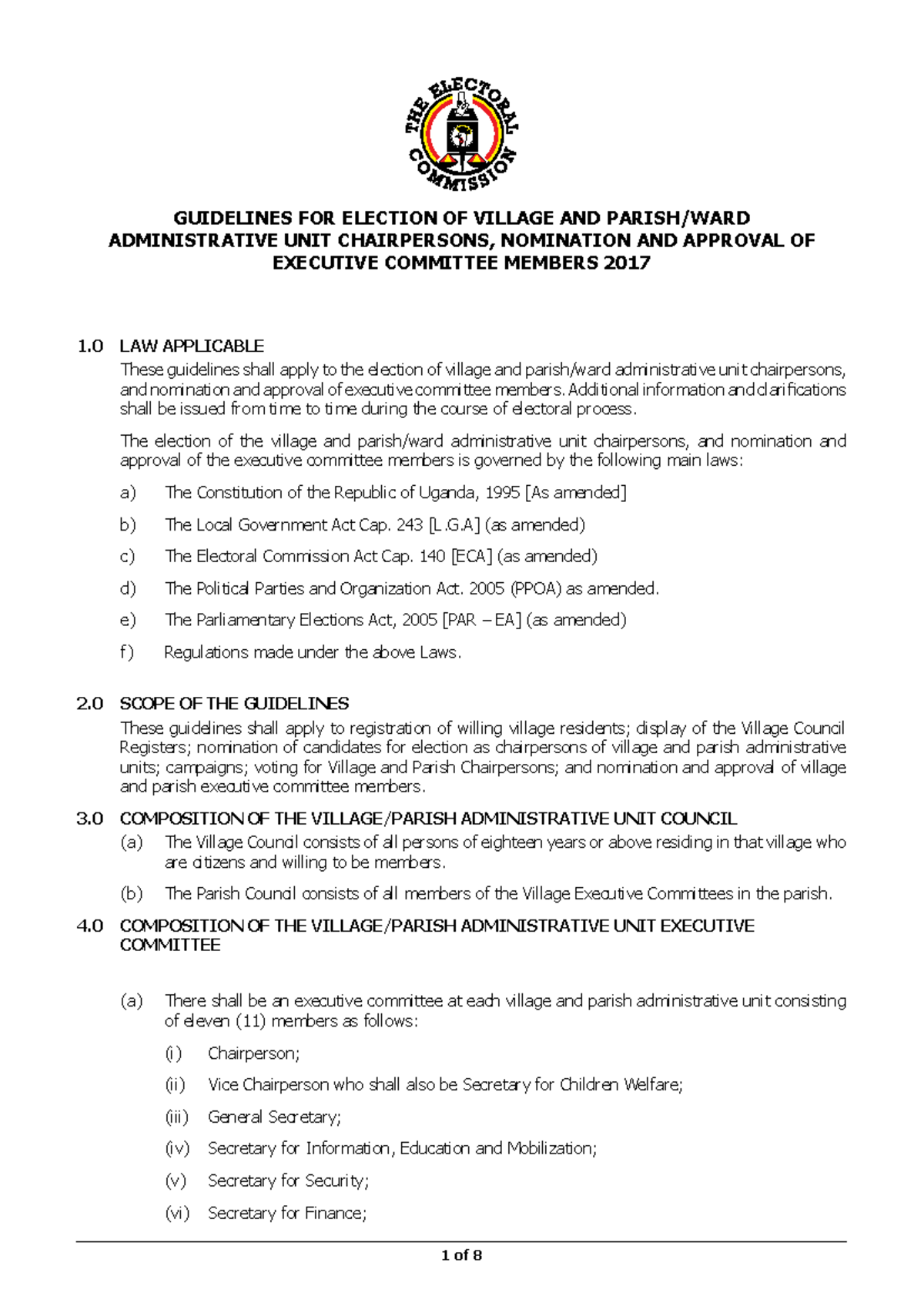 Guidelines for Election of Village (LC I) & Parish (LC II) Chairpersons ...