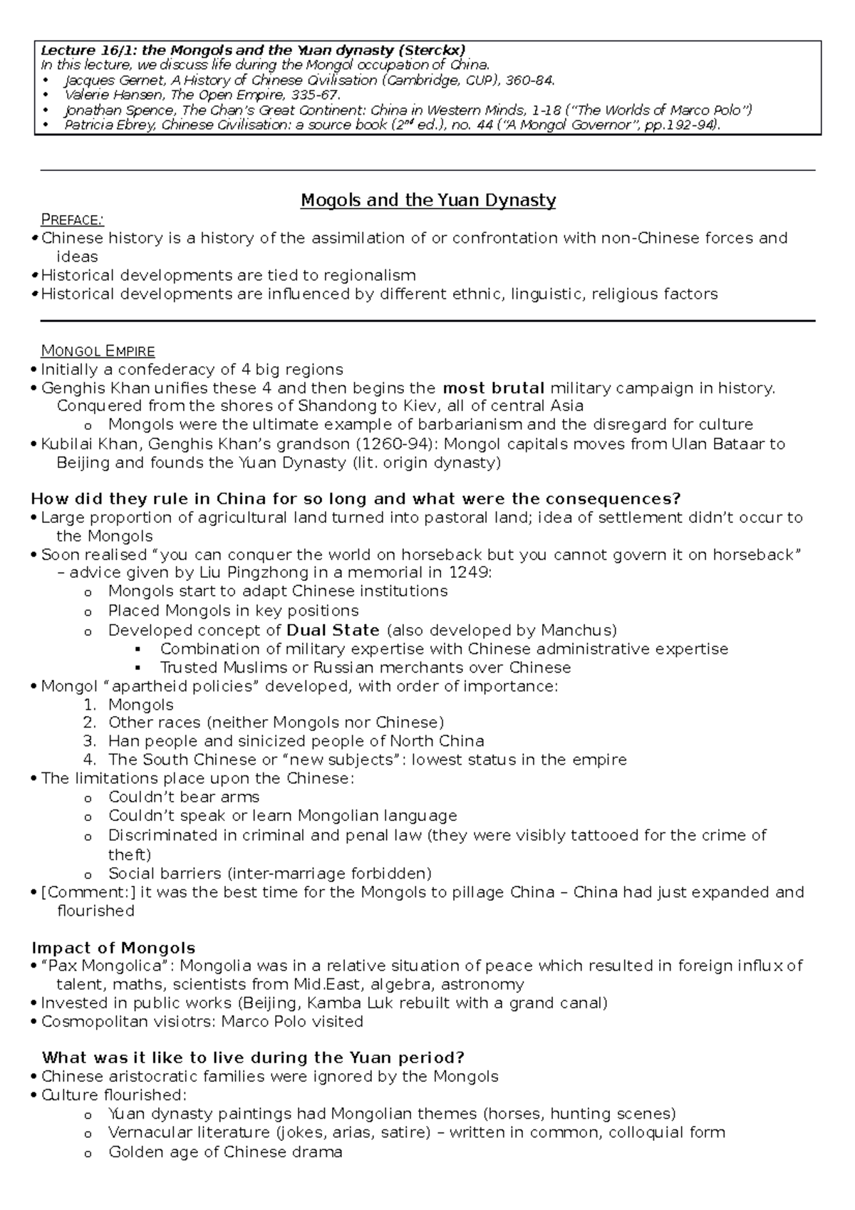 Lecture 1 - The Mongols and the Yuan Dynasty - Lecture 16/1: the ...
