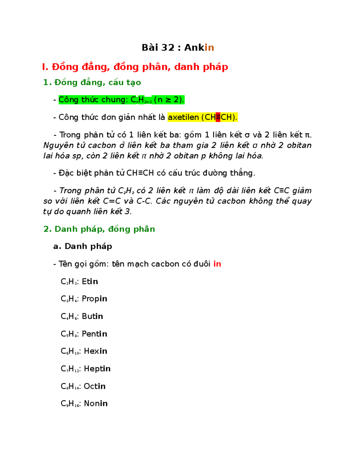 Bài 32: Các tính chất và ứng dụng của Ankin trong Hóa học - Studocu