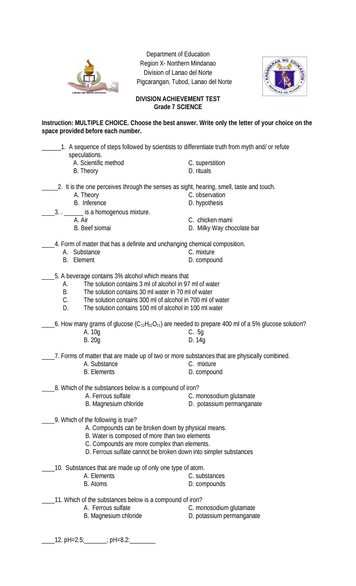 DAT-Grade 7-Final-Science Division Achievement Test Questions - Studocu