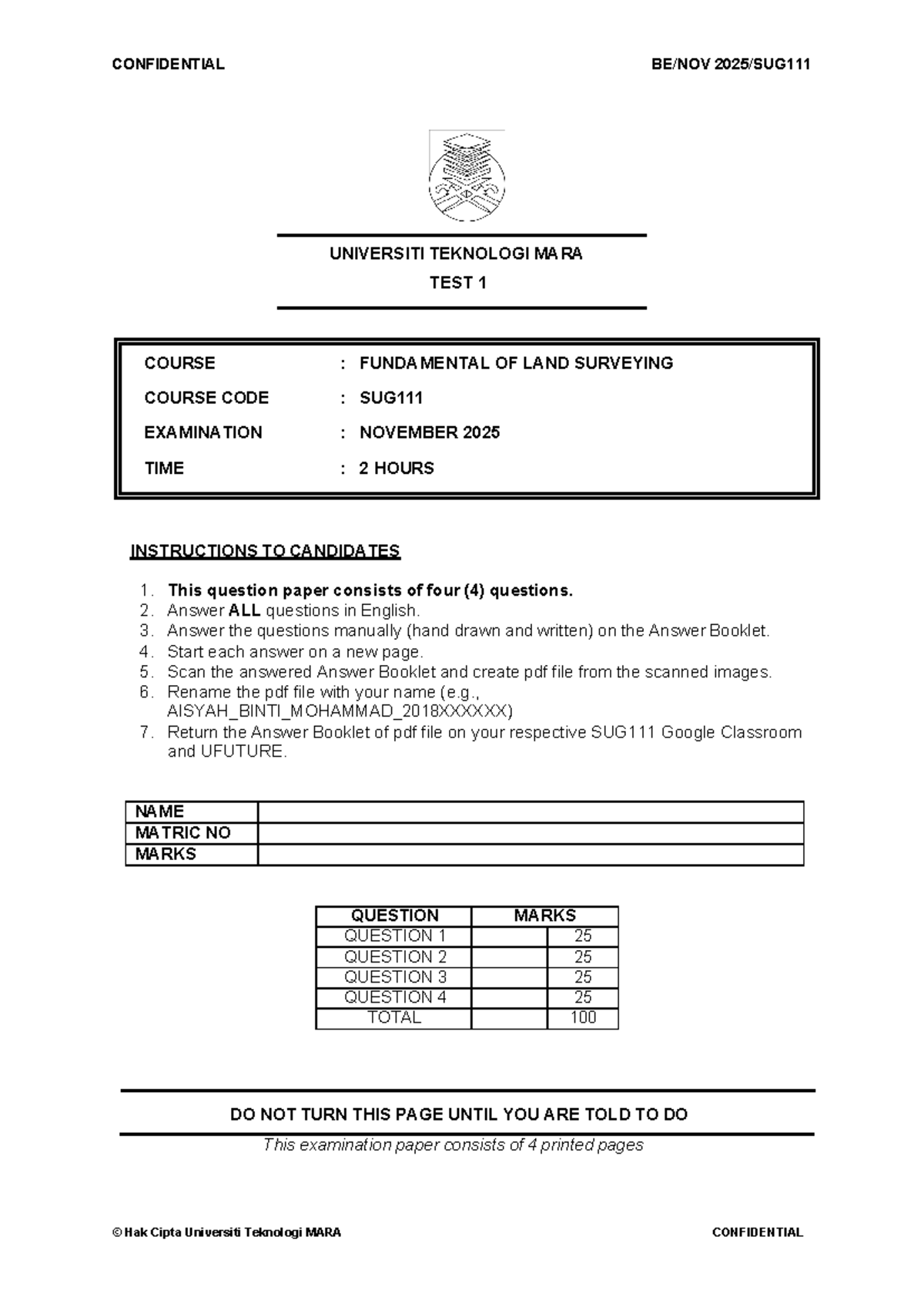 TEST 1: FUNDAMENTALS OF LAND SURVEYING SUG111 NOV 2025 - Studocu