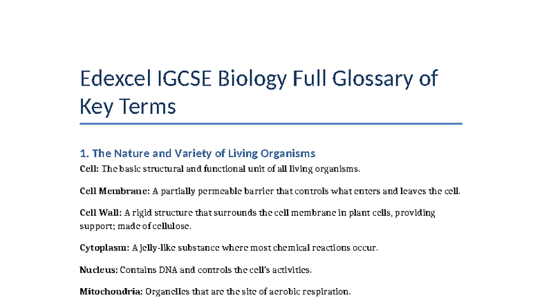 Edexcel IGCSE Biology Comprehensive Glossary of Key Terms - Studocu