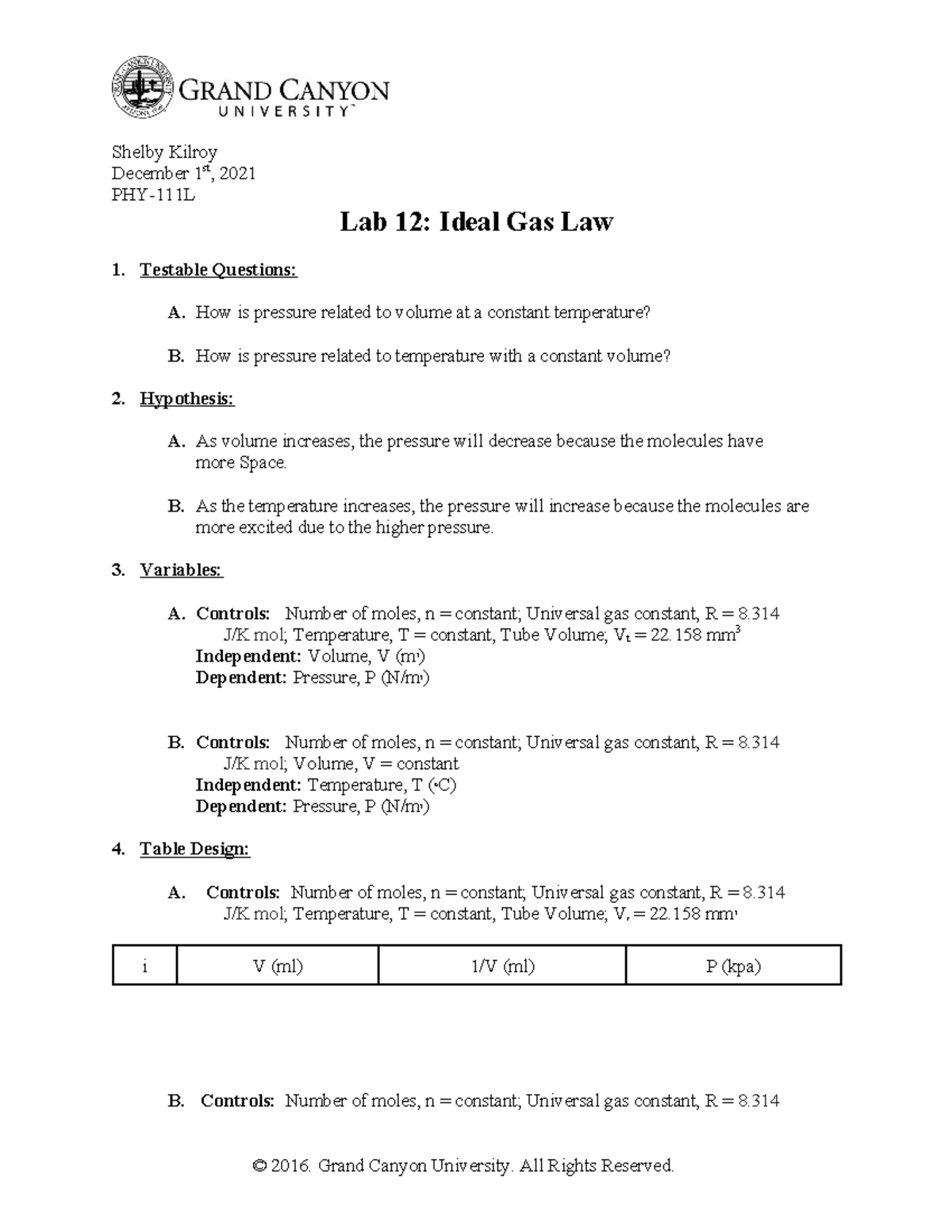 PHY-111L Lab 12: Exploring the Ideal Gas Law in Detail - Studocu