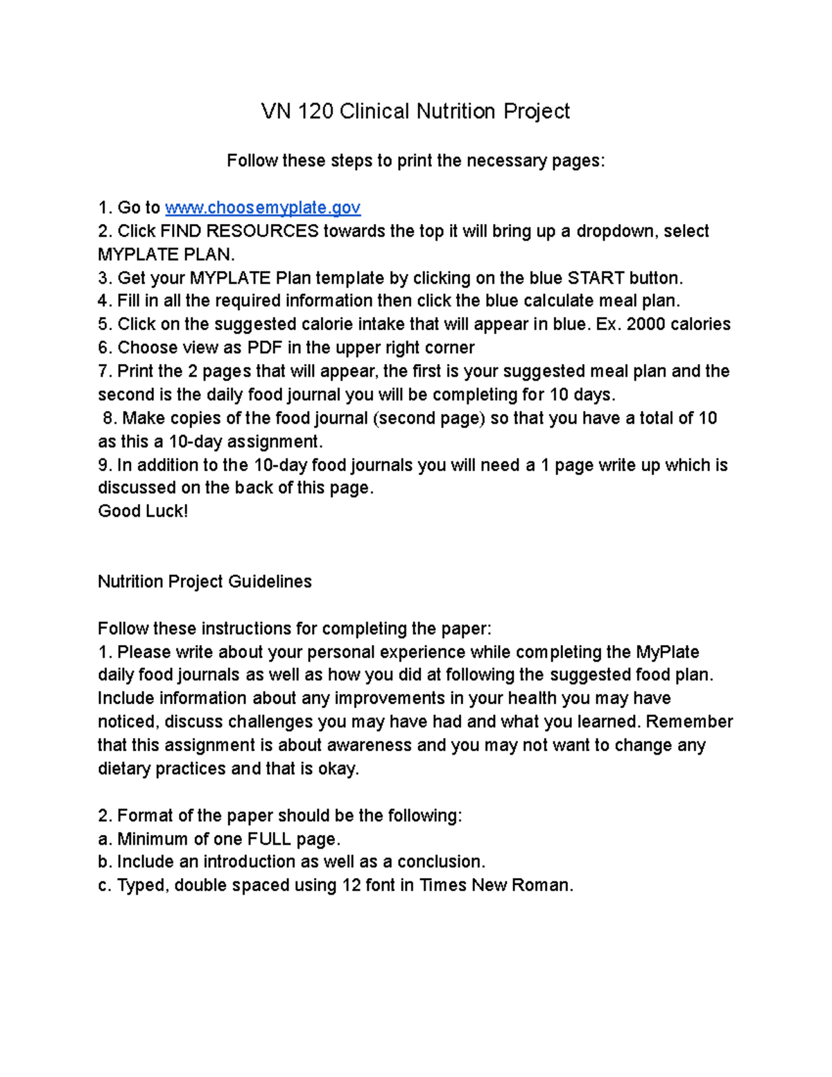 VN 120 Clinical Nutrition Project (1) - VN 120 Clinical Nutrition ...