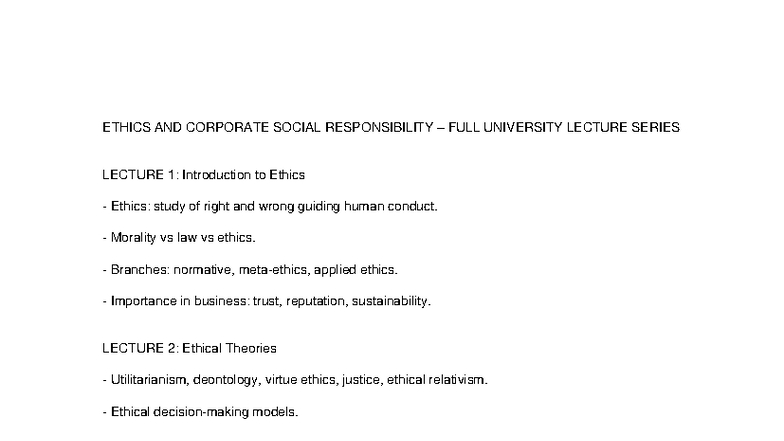 ETHICS AND CSR FULL LECTURE SERIES: INTRODUCTION & THEORIES - Studocu