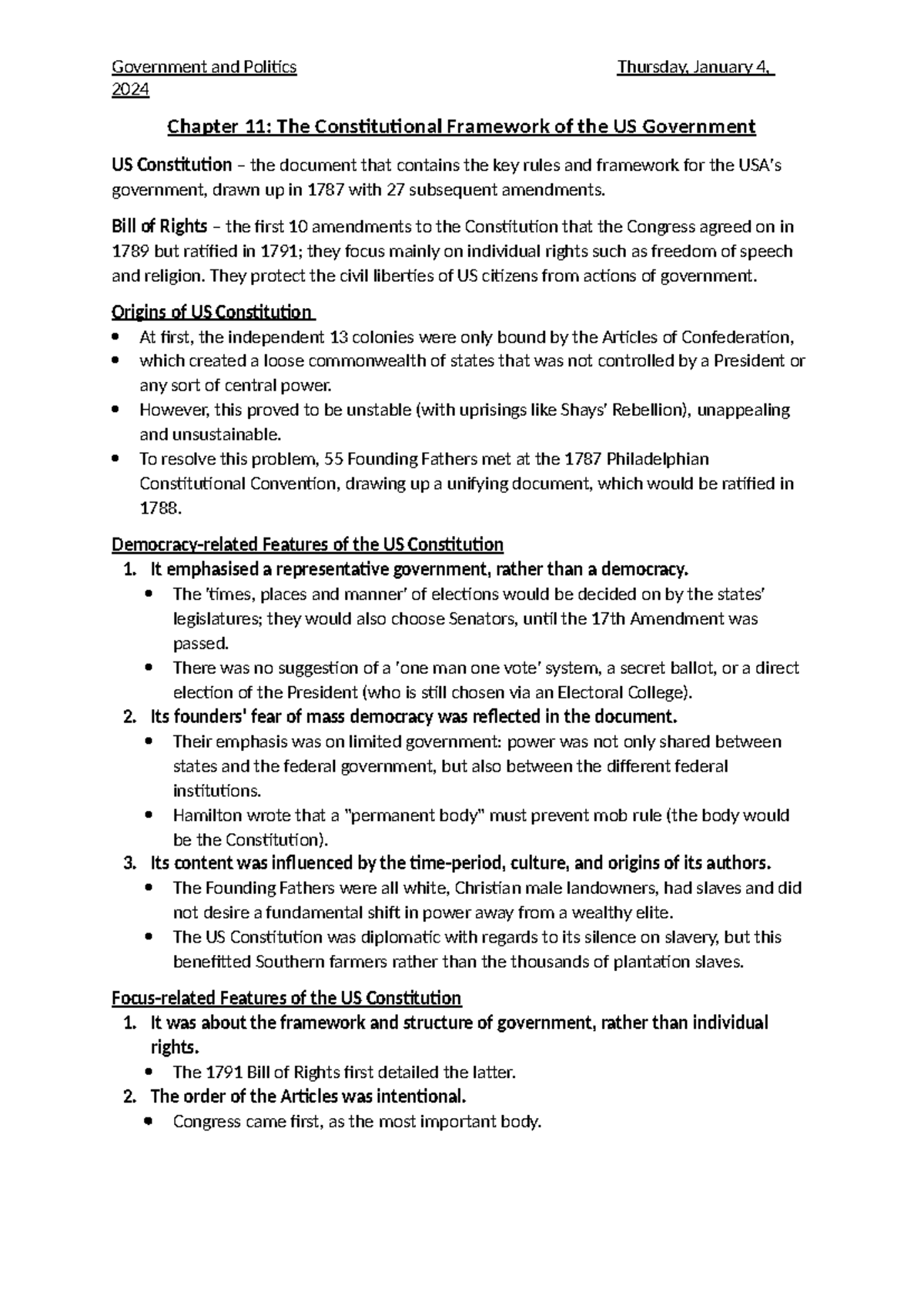 Chapter 11 Constitutional Framework of the US Government notes - 2024 ...