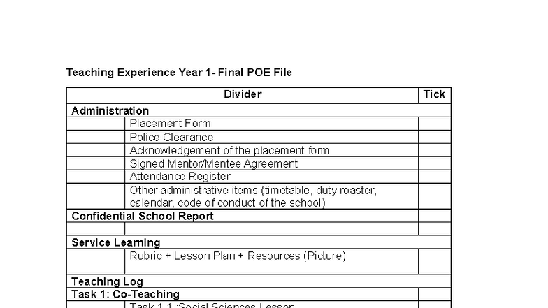 TEIP5119- POE File Dividers - Teaching Experience Year 1- Final POE ...