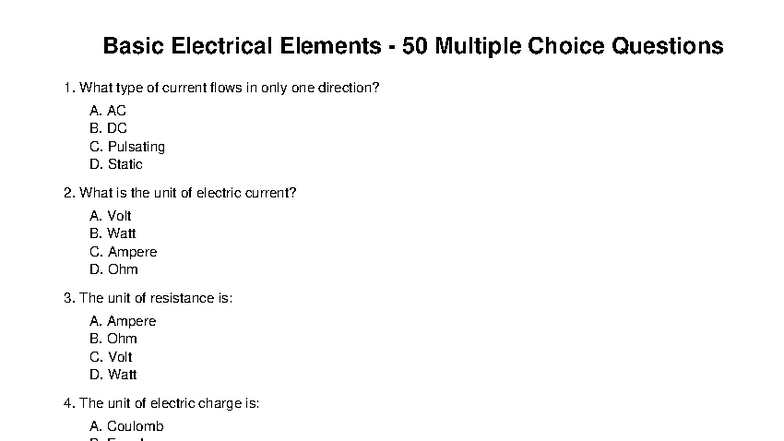 Basic Electricity QUIZ 50 MCQs on Electrical Elements - Studocu