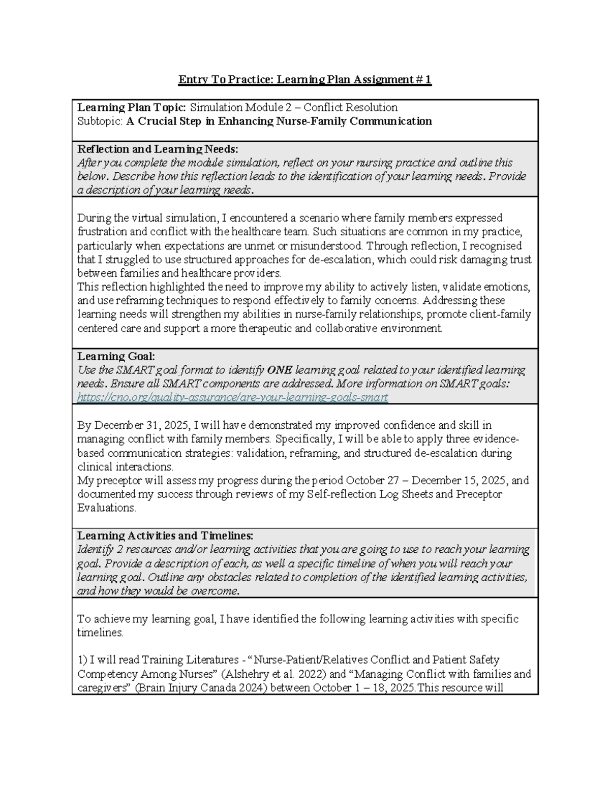 Entry to Practice 4: Learning Plan on Conflict Resolution Skills - Studocu