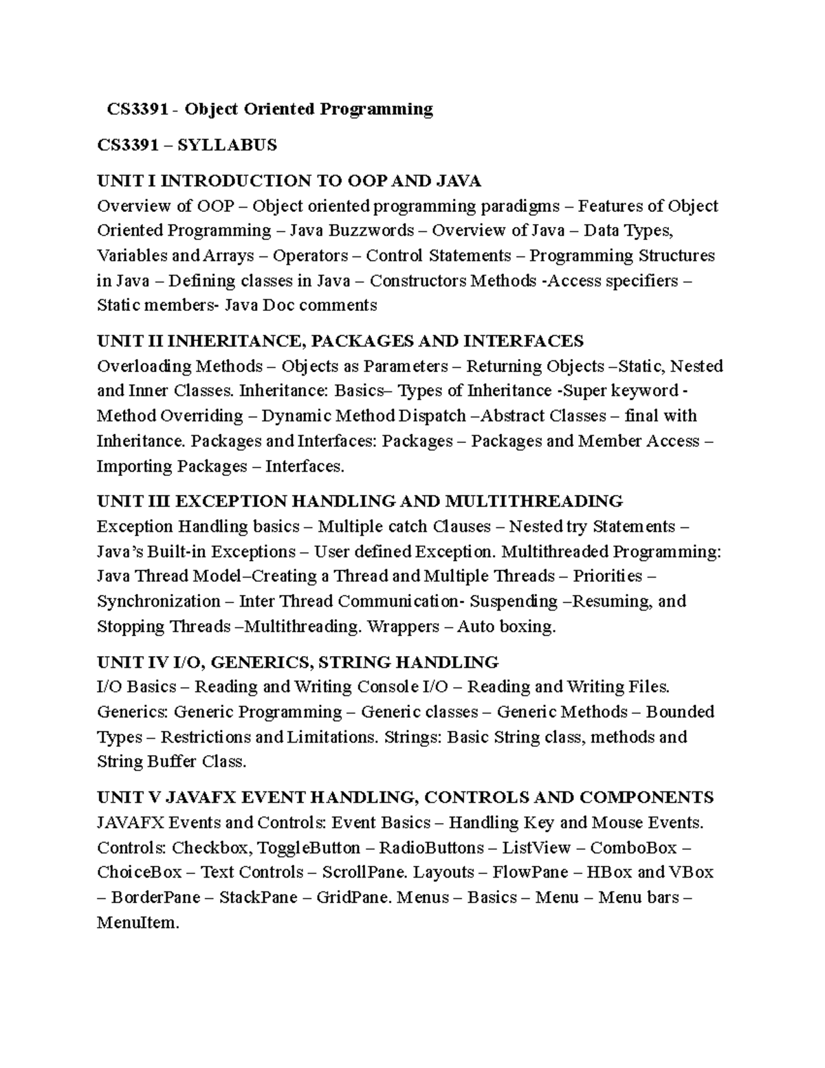 CS3391 Object Oriented Programming Syllabus Overview and Concepts - Studocu