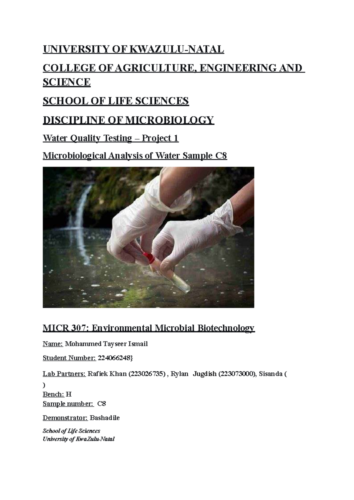 MICR 307: Water Quality Testing Project 1 - Microbiological Analysis ...
