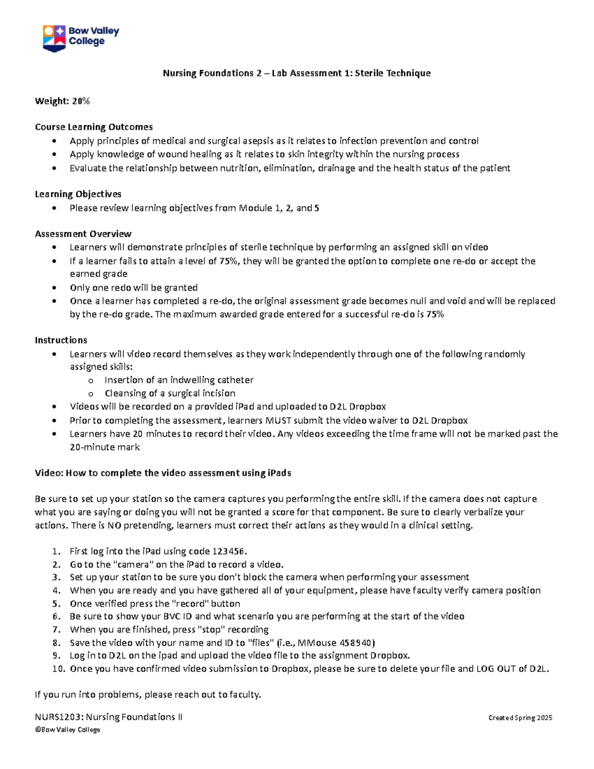 NURS1203 Lab Assessment 1: Sterile Technique Instructions & Rubrics ...